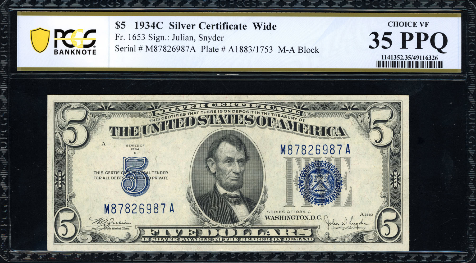 Fr. 1653W Wide (MA Block) 1934C $5 Silver Certificate Note Julian ...