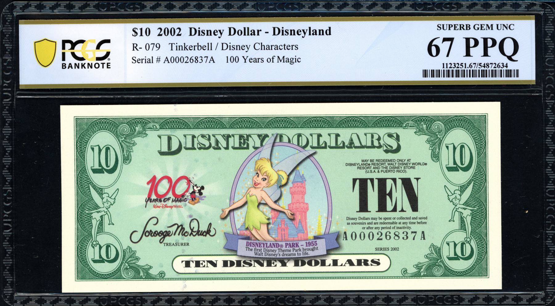 2002 Disneyland $10 Disney Dollar Note Tinkerbell / 100 Years of Magic ...