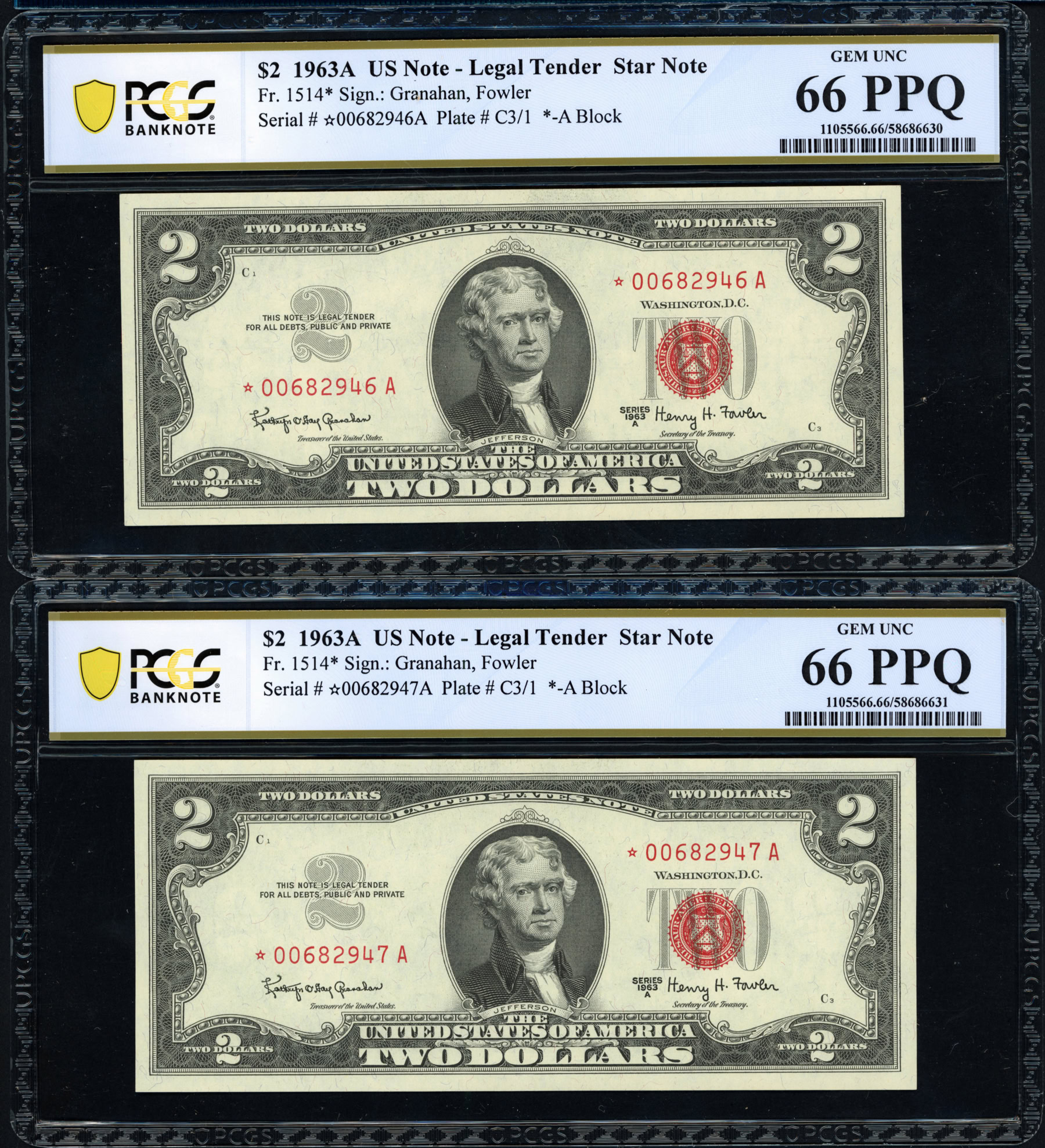 Fr. 1514* (*A Block) 1963A $2 Legal Tender Star Notes *Sequential ...