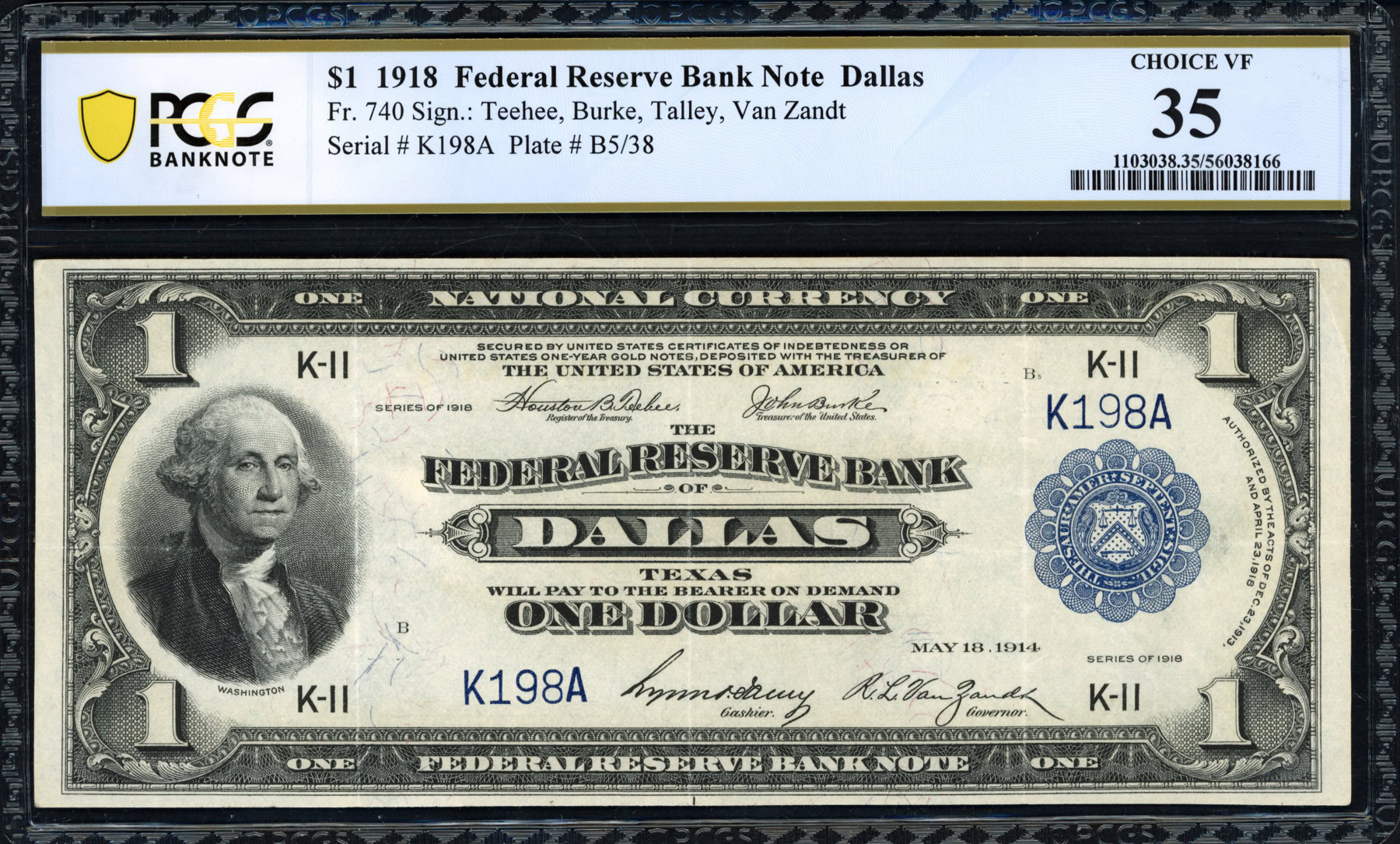 Fr. 740 1918 $1 Dallas Federal Reserve Bank Note Teehee / Burke ...