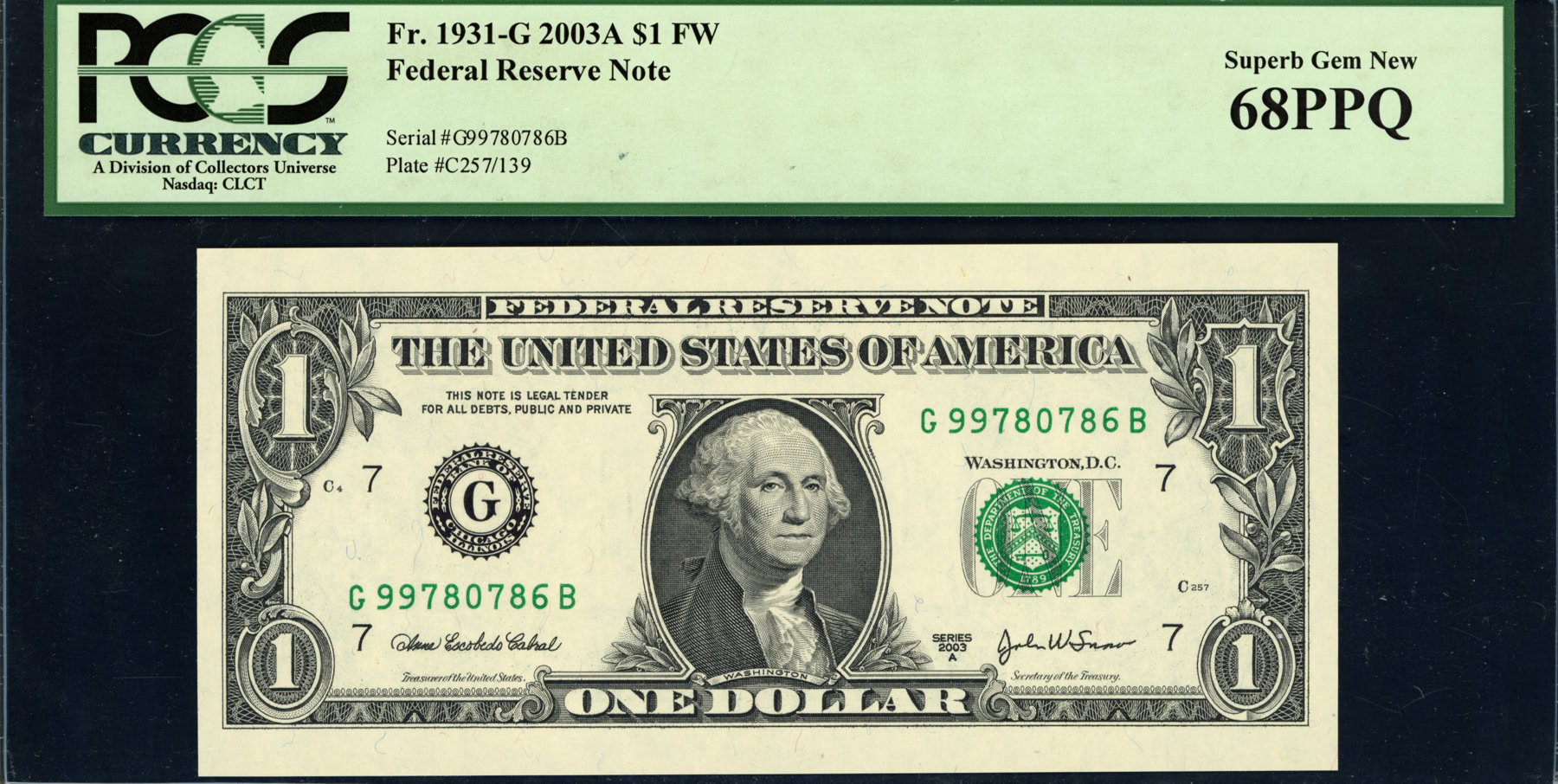 Fr. 1931-G (GB Block) 2003A $1 Chicago Federal Reserve Note Cabral ...