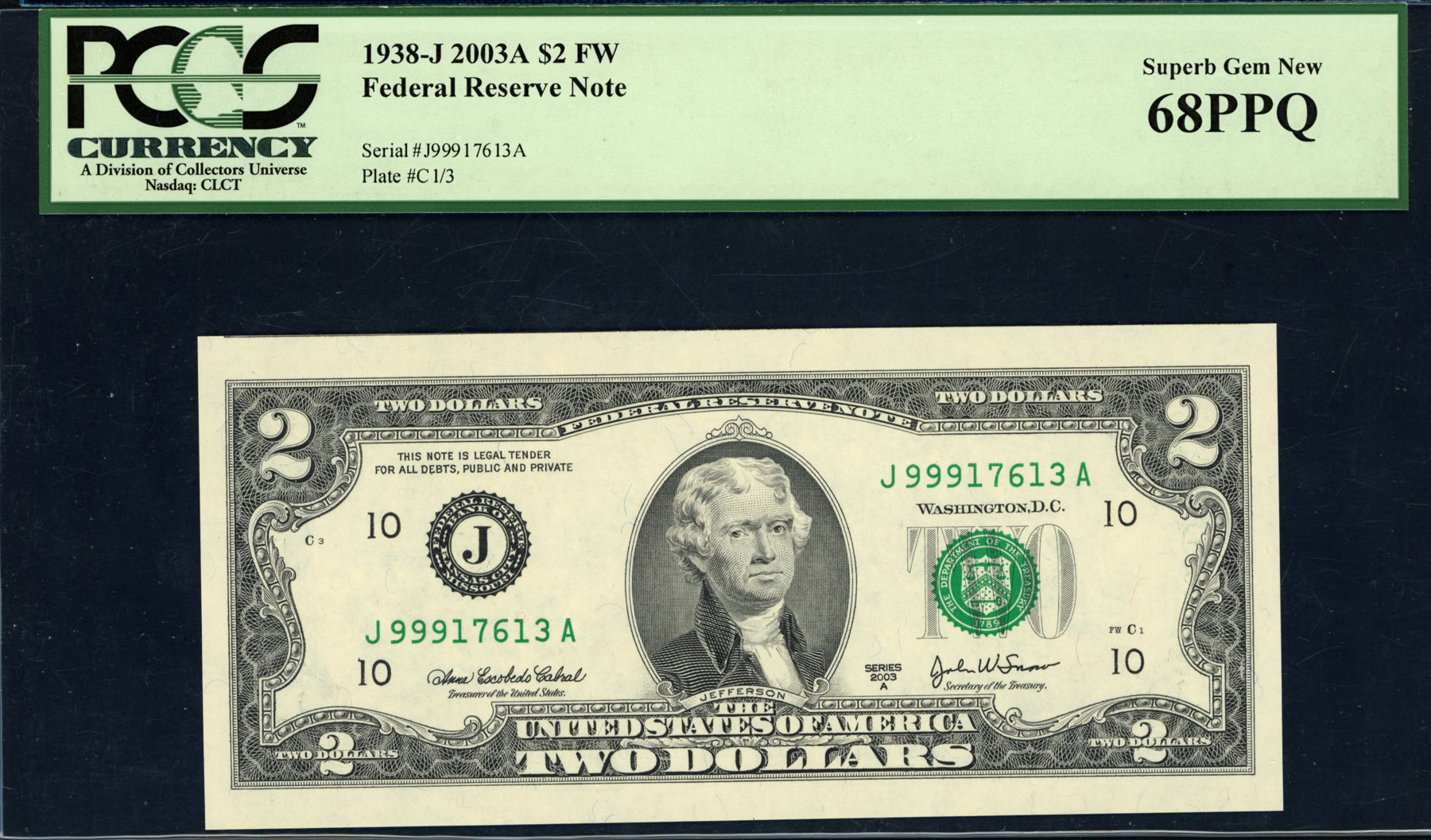 Fr. 1938-J (JA Block) 2003A $2 Kansas City Federal Reserve Note Cabral ...