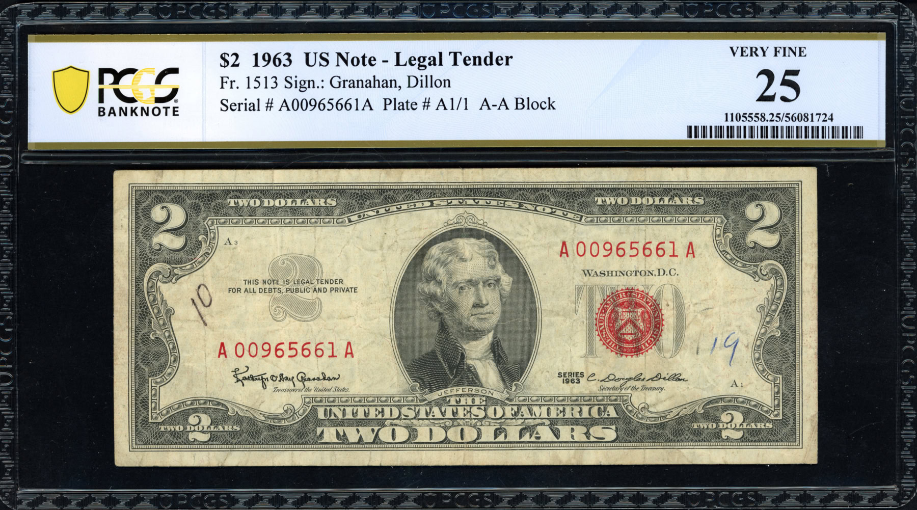 Fr. 1513 1963 $2 Legal Tender Note Granahan / Dillon PCGS Banknote Very ...