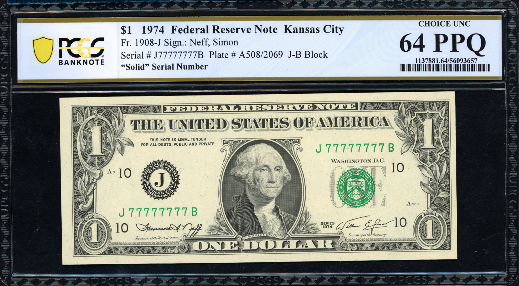 Fr. 1908-J (JB Block) 1974 $1 Kansas City Federal Reserve Note *Solid ...