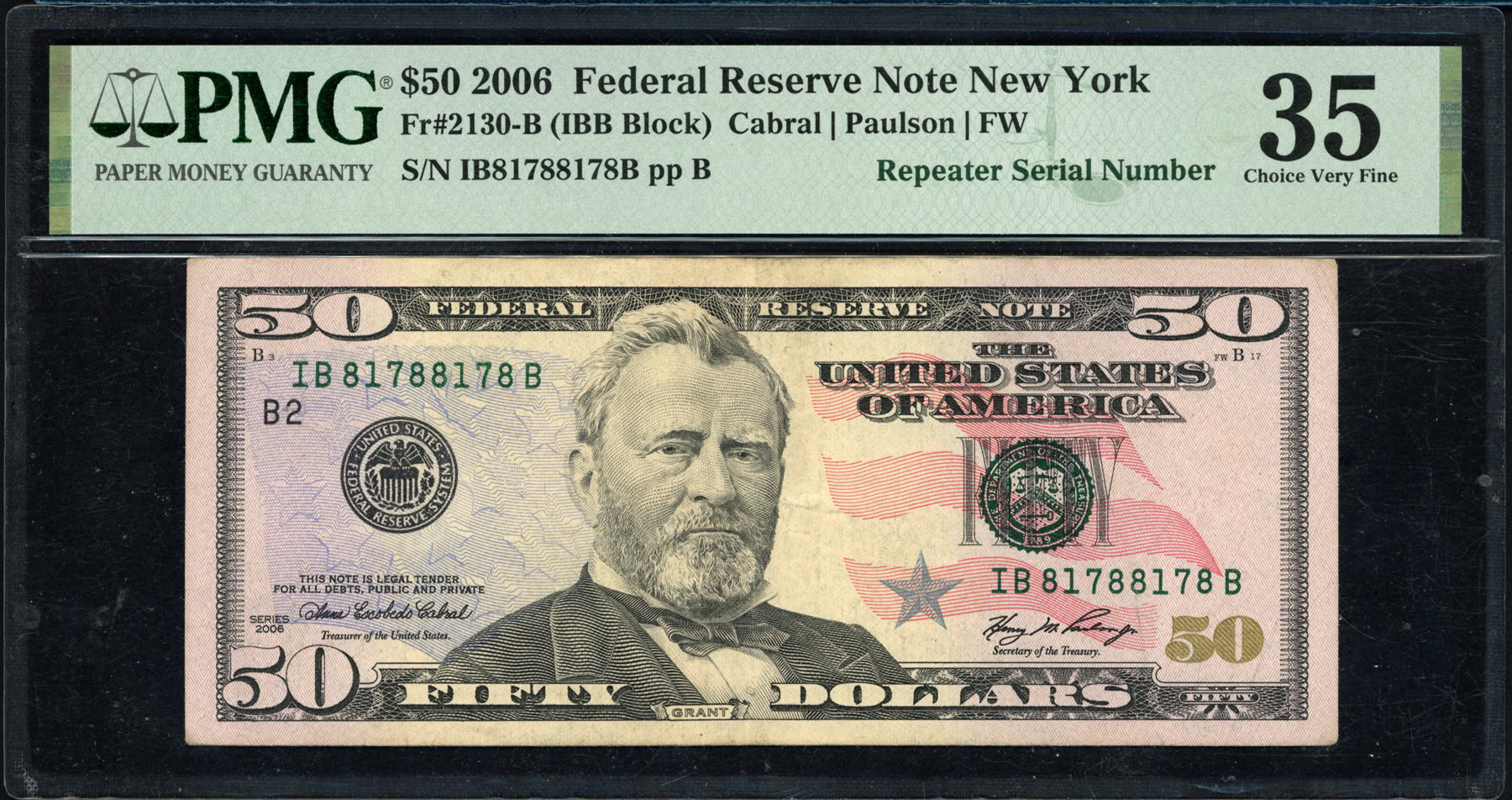 Fr. 2130-B (IBB Block) 2006 $50 New York Federal Reserve Note *Repeater ...