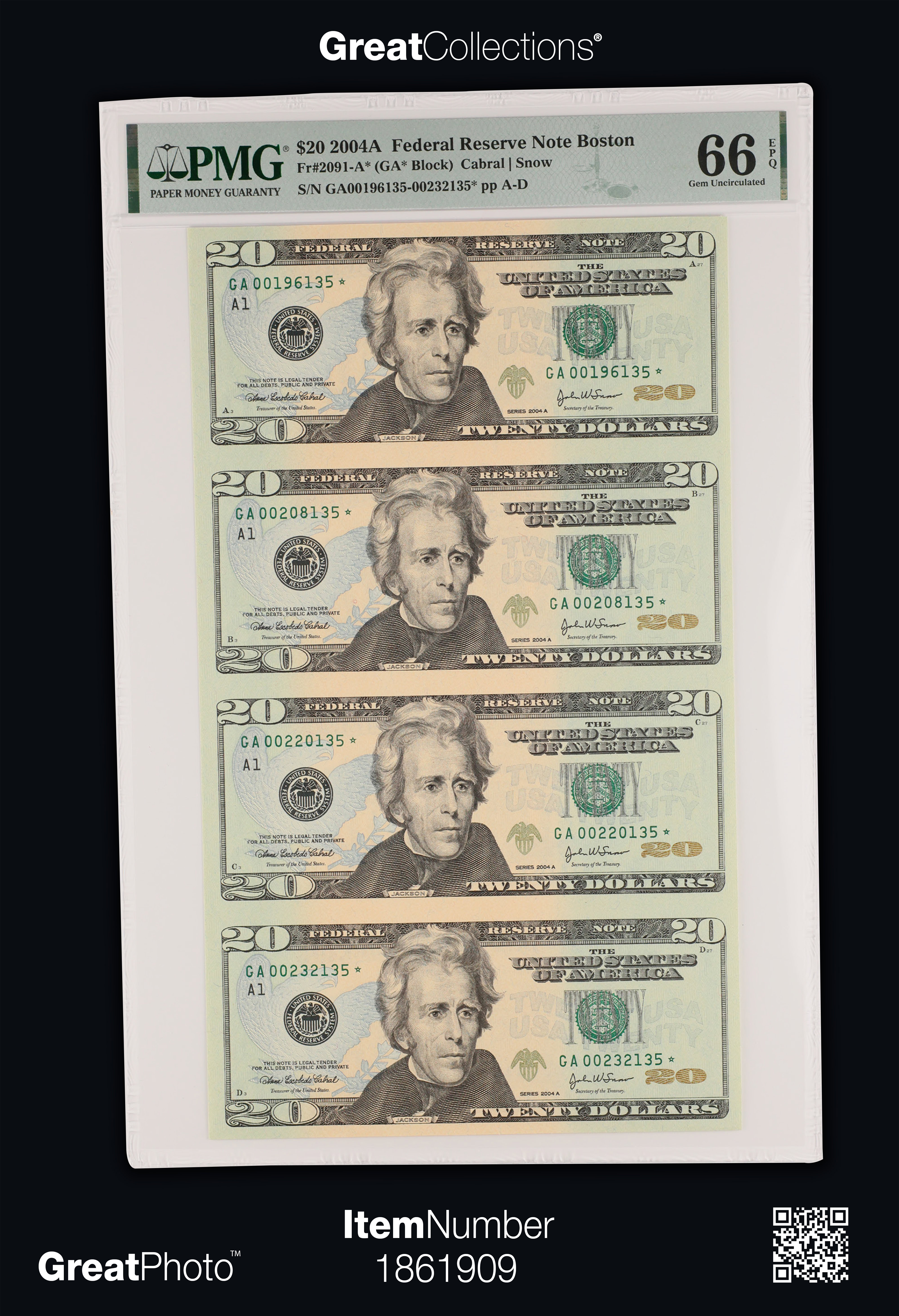 Fr. 2091-A* (GA* Block) 2004A $20 Boston Federal Reserve Uncut Sheet of ...