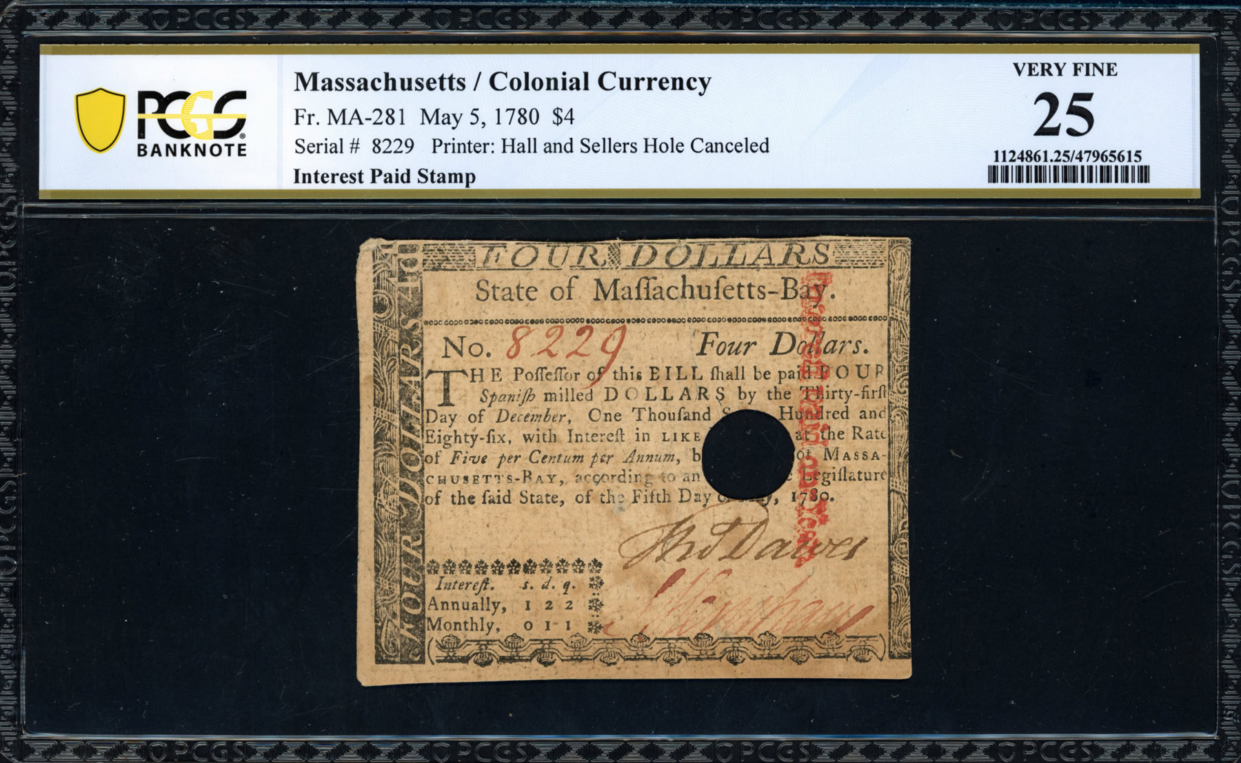 Fr. MA-281 May 5, 1780 $4 Massachusetts Colonial Note PCGS Banknote ...