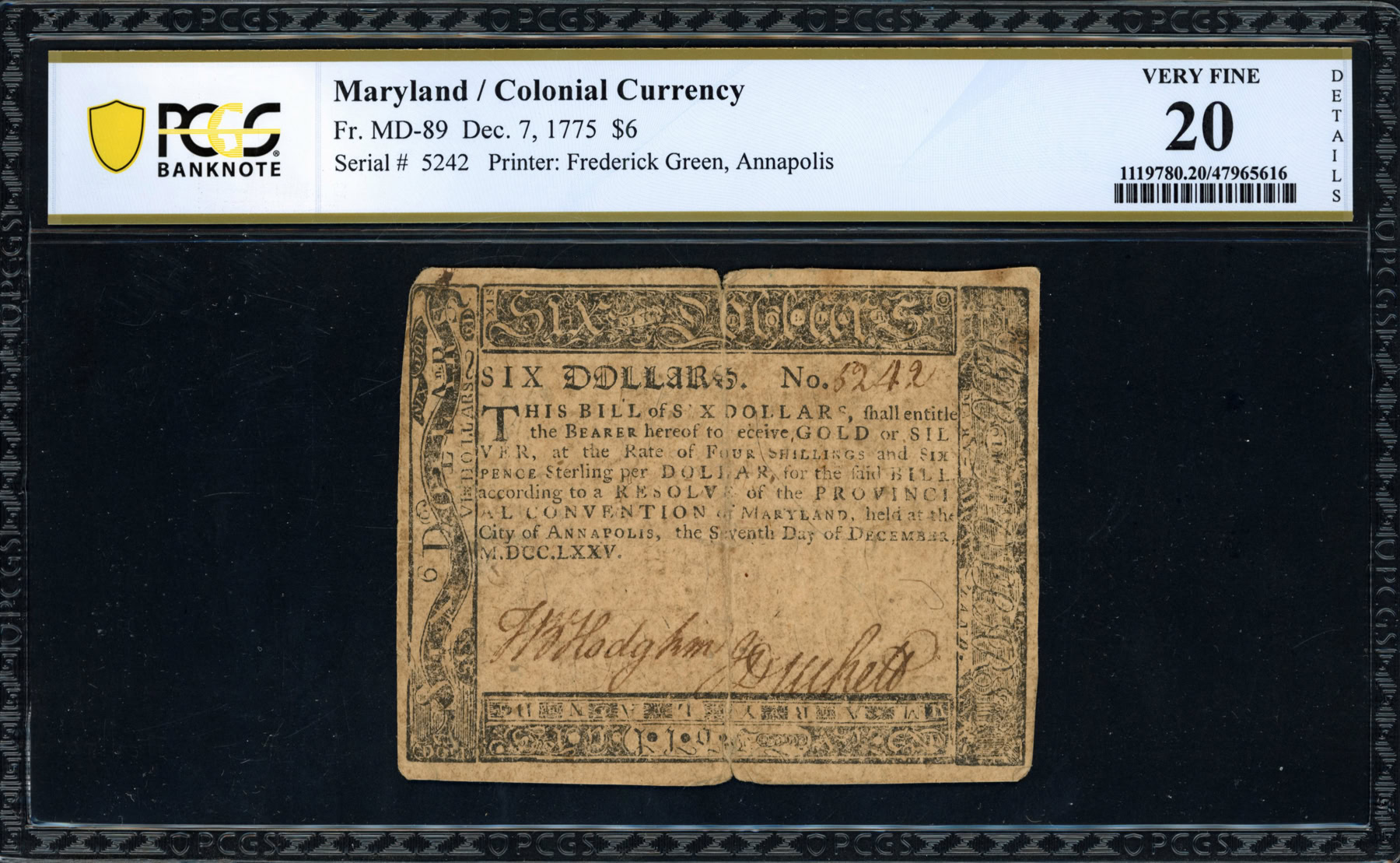 Fr. MD-89 December 7, 1775 $6 Maryland Colonial Note PCGS Banknote Very ...