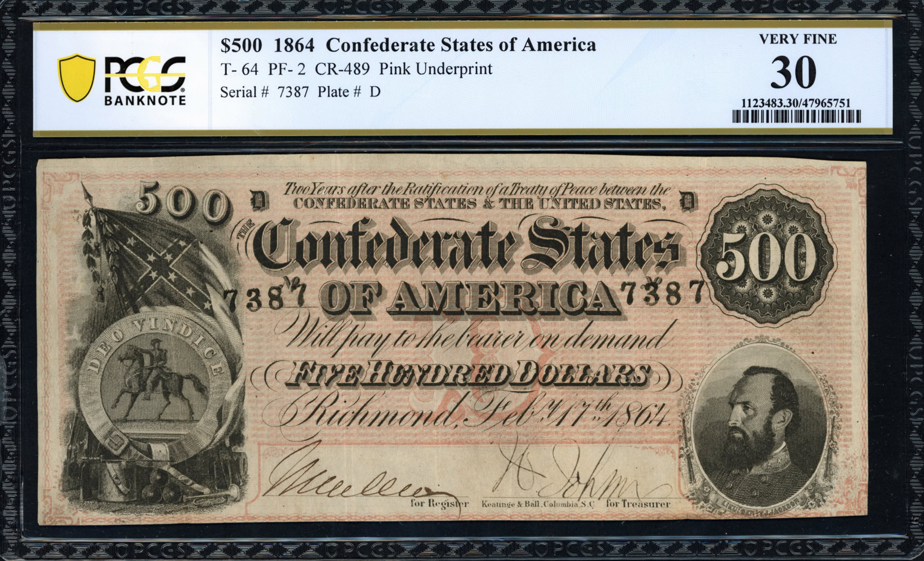 T-64 Confederate States of America 1864 $500 Note PCGS Banknote Very ...