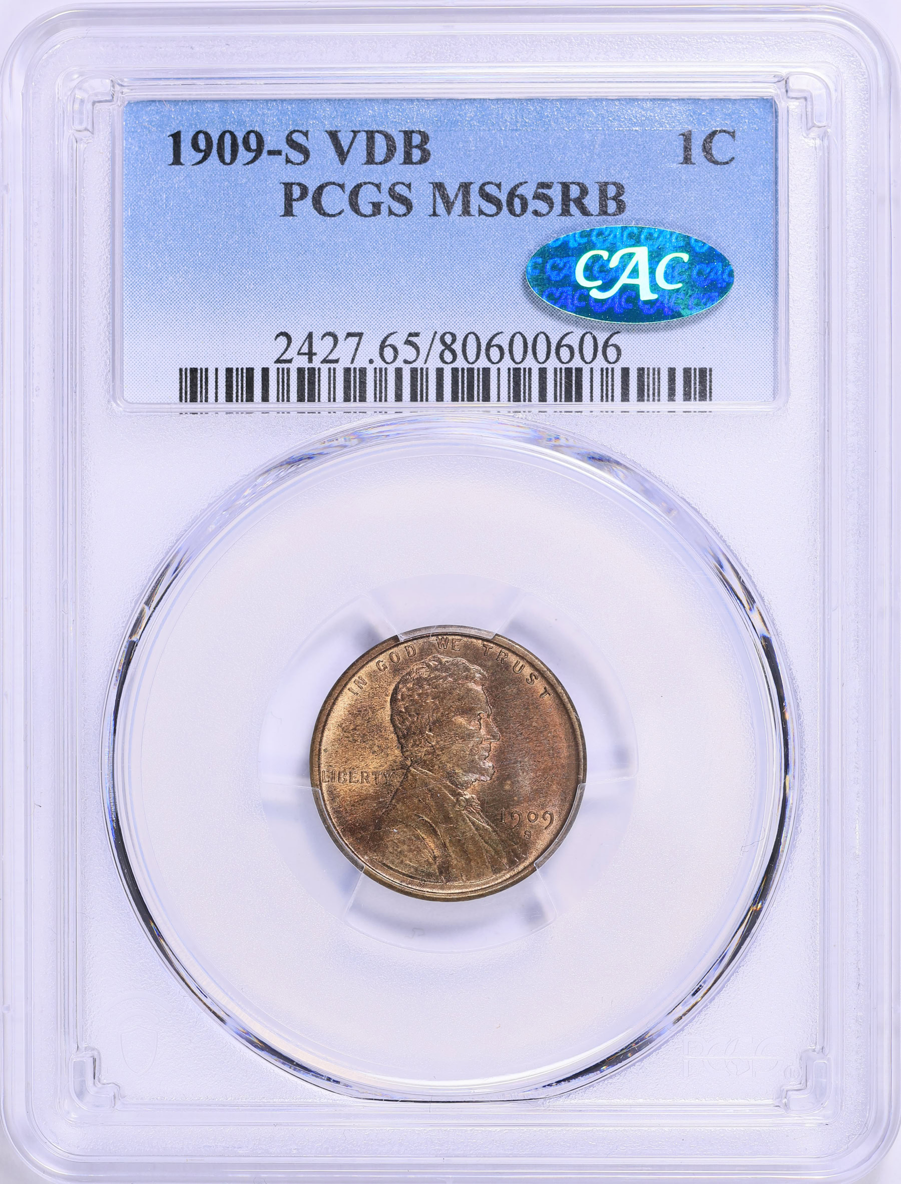1909-S Lincoln Cent V.D.B. PCGS MS-65 RB (CAC Green) (Toned) (Item 1862104) | GreatCollections ...
