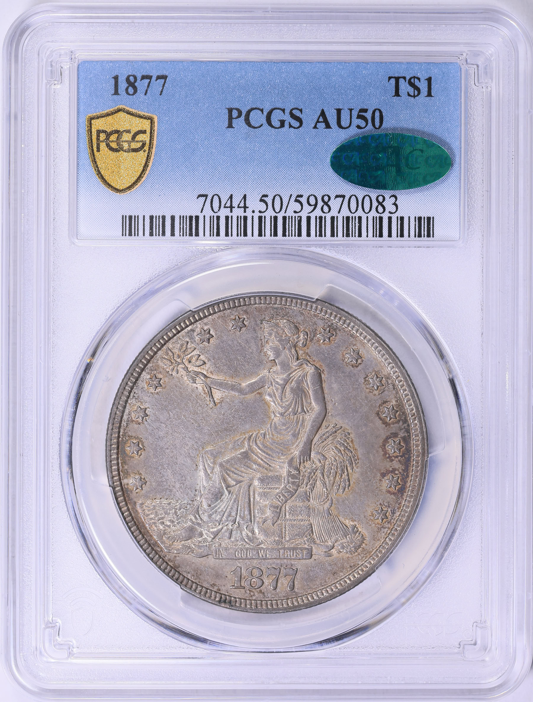 1877 Trade Silver Dollar PCGS AU-50 (CAC Green) (Toned) (Item 1862411 ...