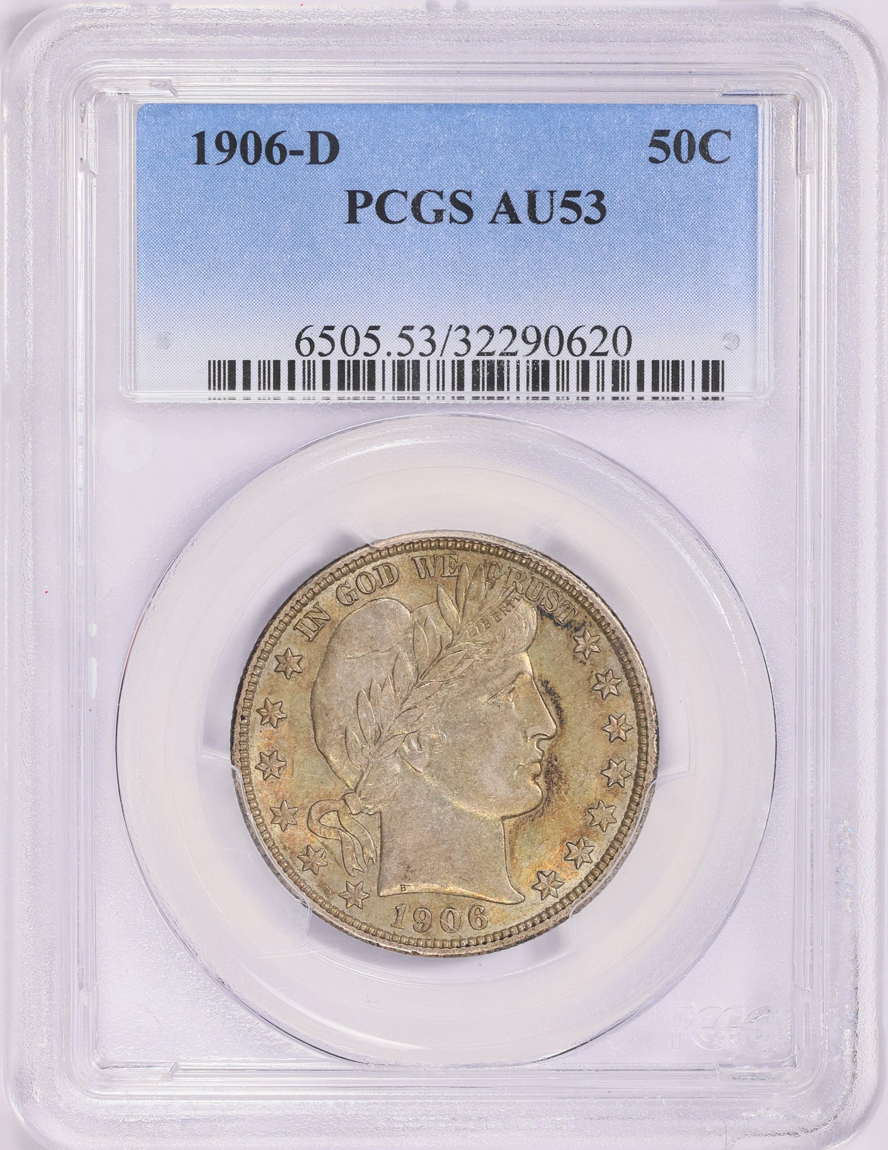 1906-D Barber Half Dollar PCGS AU-53 (Toned) (Item 1862780) | GreatCollections Coin Auctions