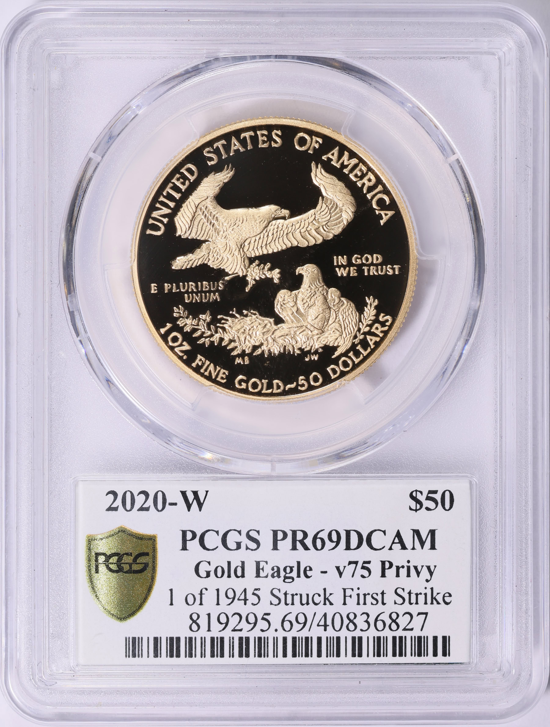 2020-W $50 One-Ounce Gold American Eagle V75 Privy 1 of 1945 Struck ...