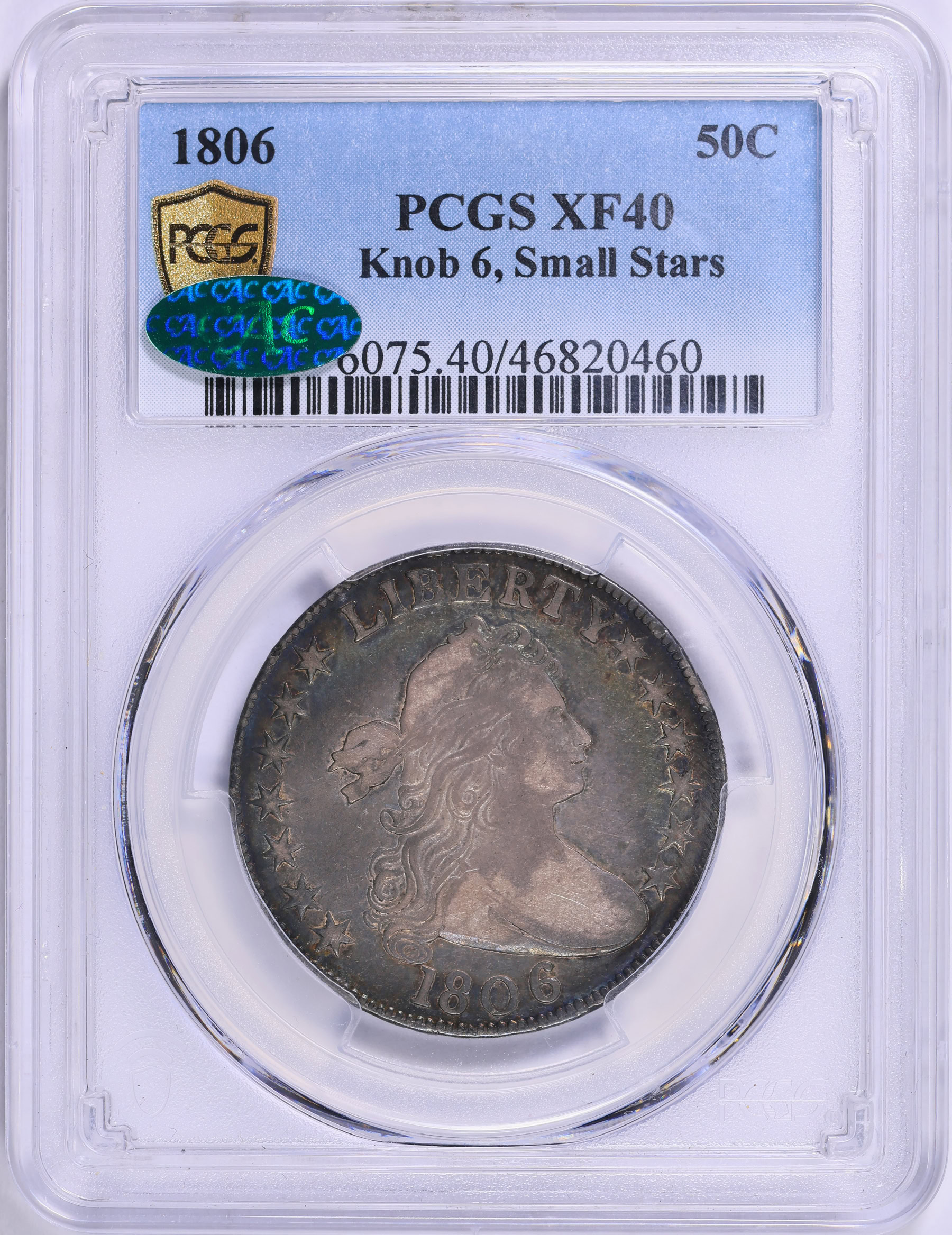 1806 Draped Bust Half Dollar Knobbed 6, Small Stars PCGS XF-40 (CAC Green) (Toned) (Item 1862843 ...