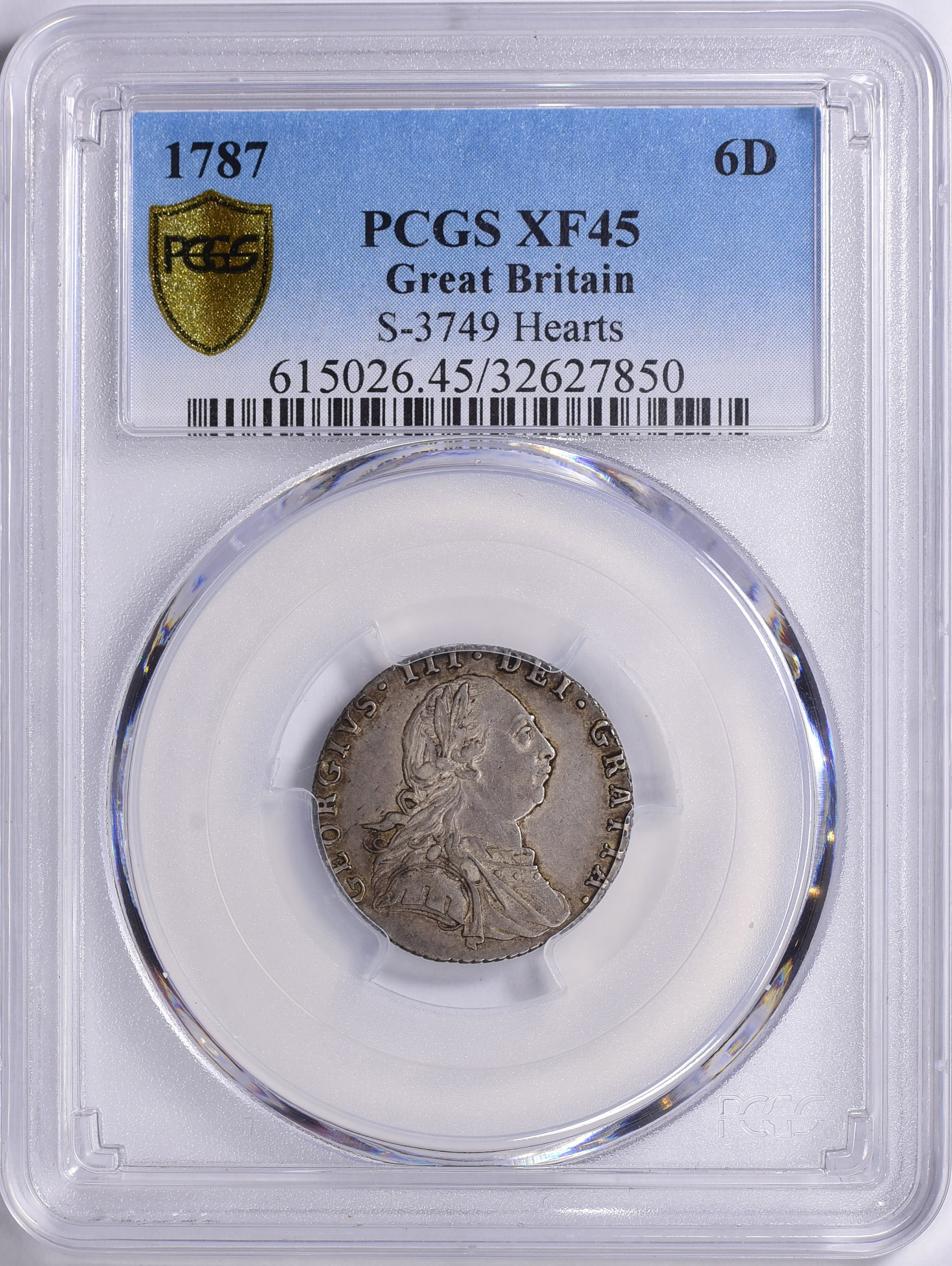 Great Britain 1787 Silver 6 Pence With Hearts KM-606.2 PCGS XF-45 (Item ...