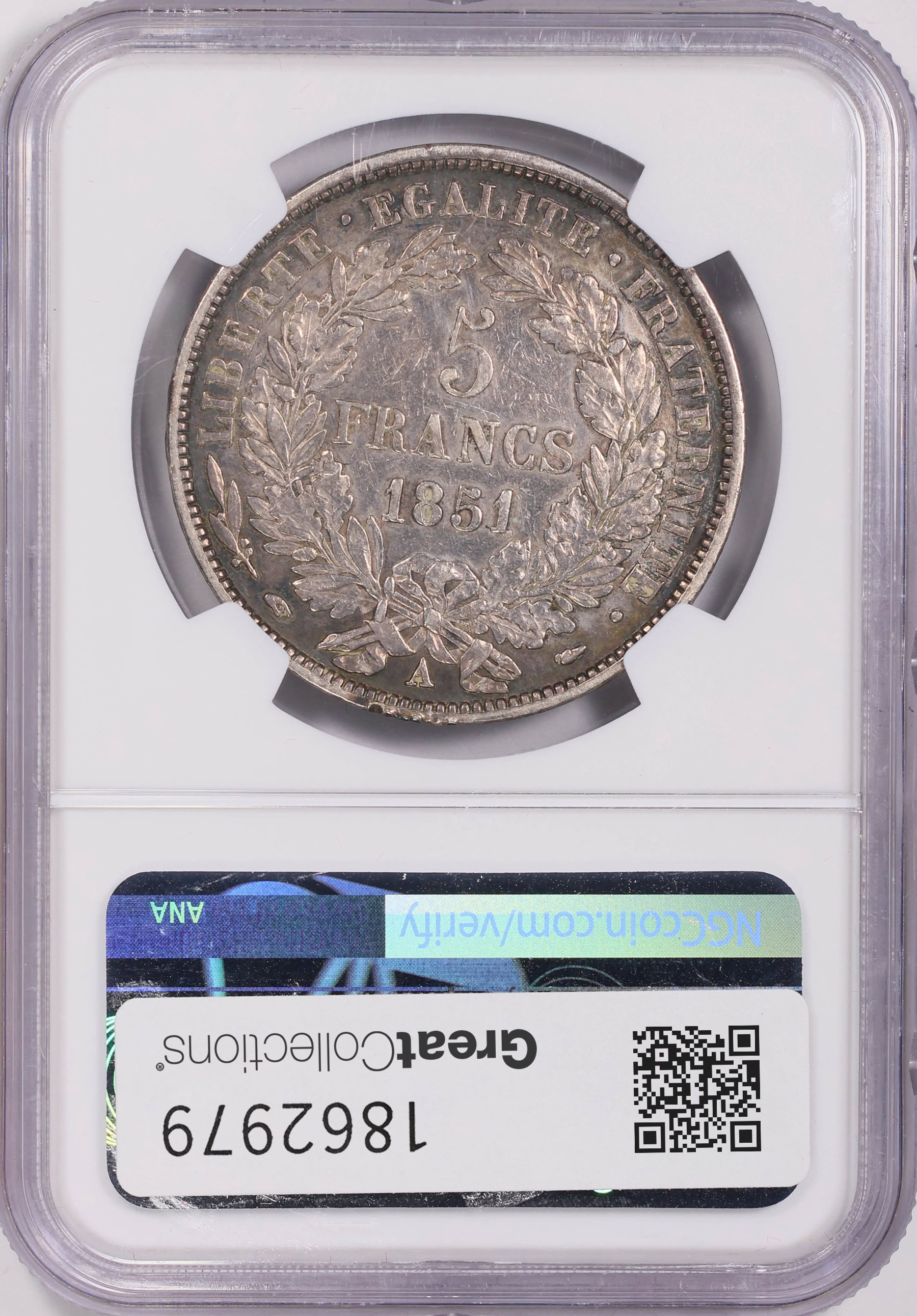 France 1851-A Silver 5 Francs KM-761.1 NGC XF Details (Item 1862979) | GreatCollections Coin ...