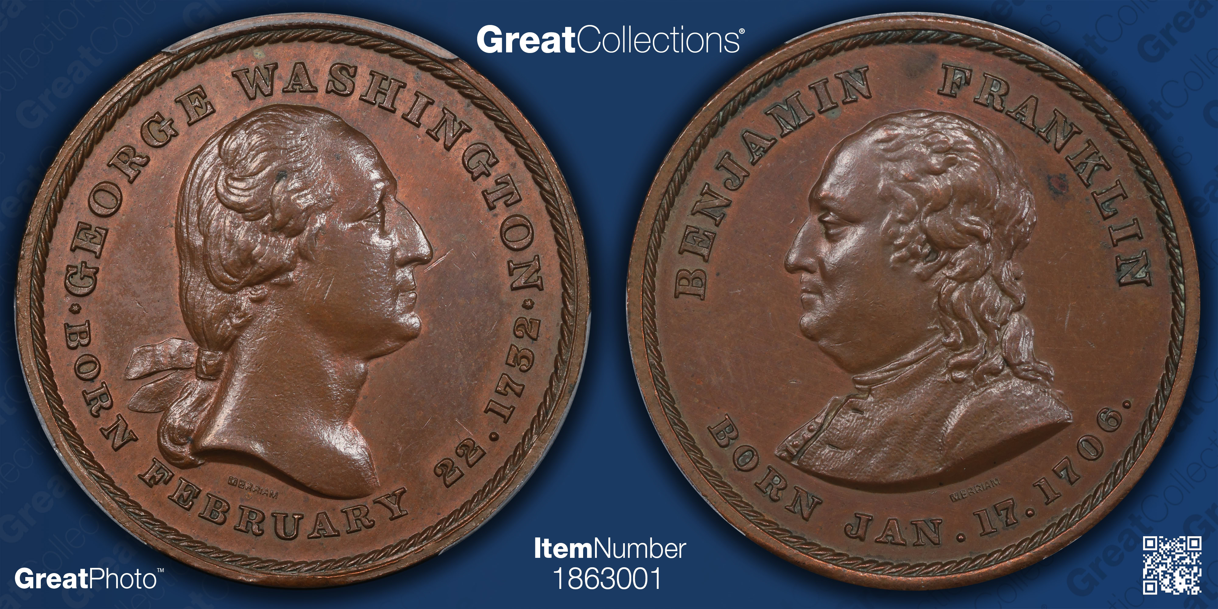 (c.1860) George Washington - Benjamin Franklin Medal by Merriam GW-326 ...