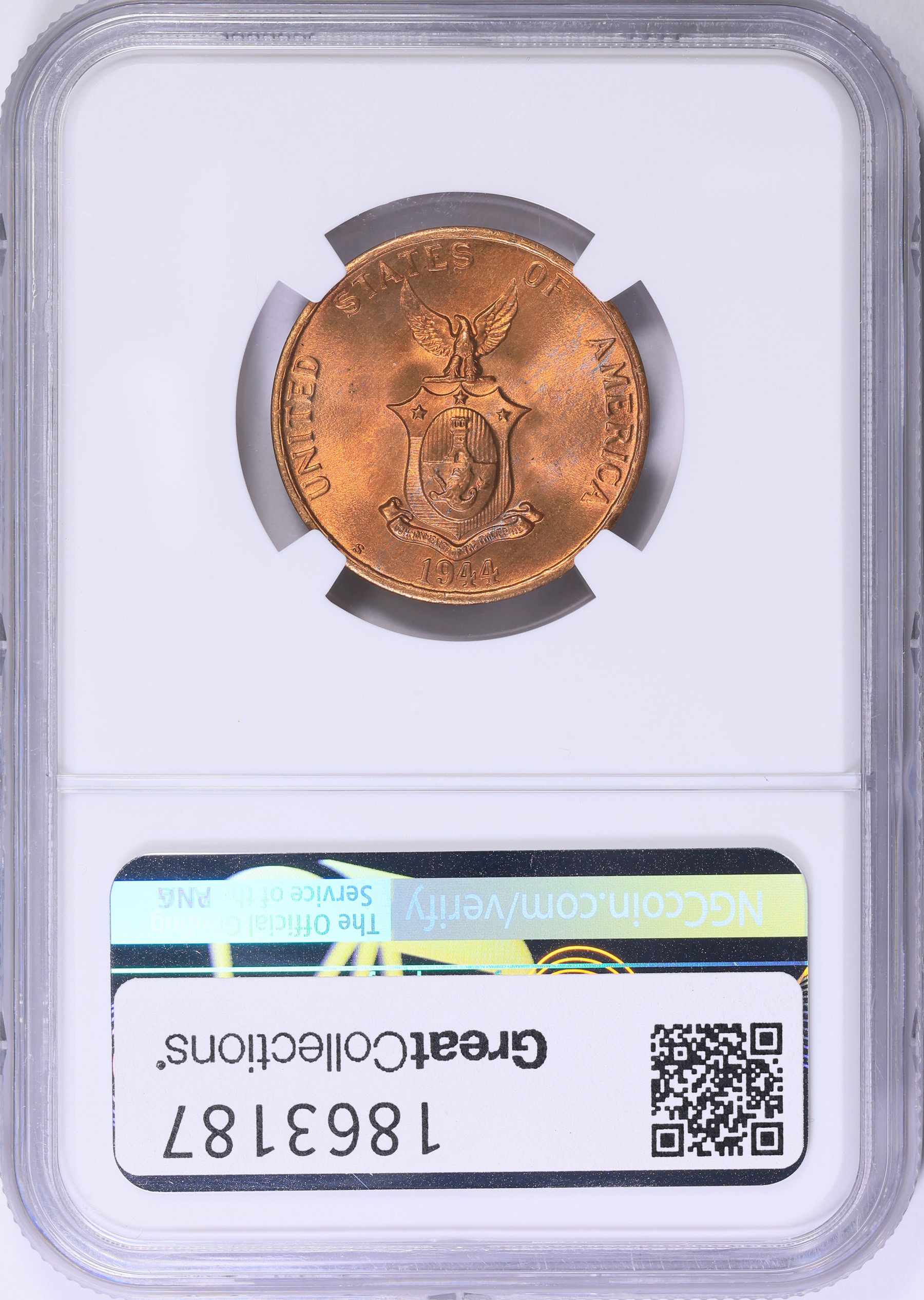 1944-S U.S. Philippines One Centavo NGC MS-65 RB (Item 1863187) | GreatCollections Coin Auctions