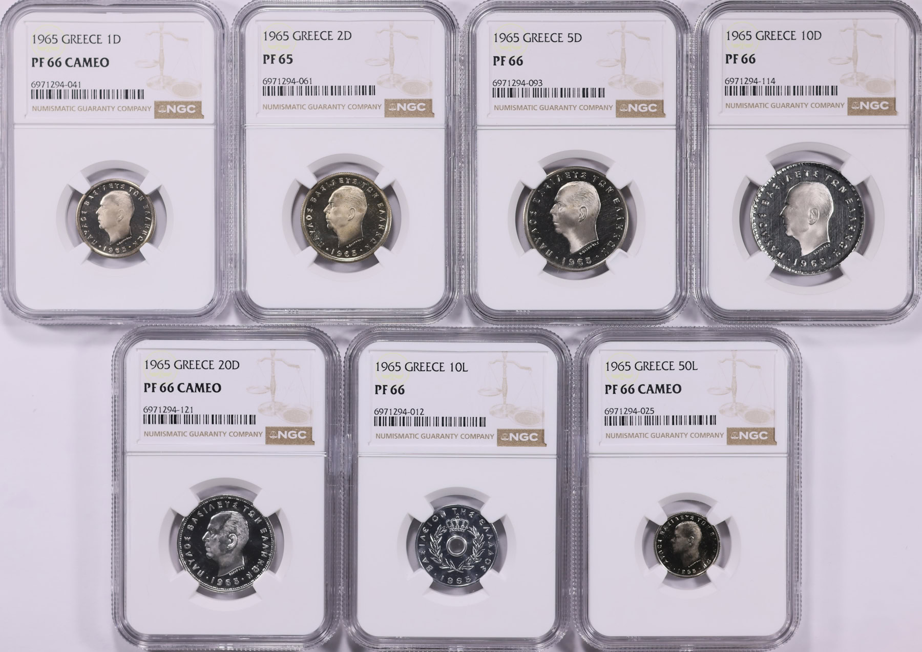 Greece 1965 10 Lepta to 20 Drachmai Proof Set KM-PS1 NGC Proof-65 to ...