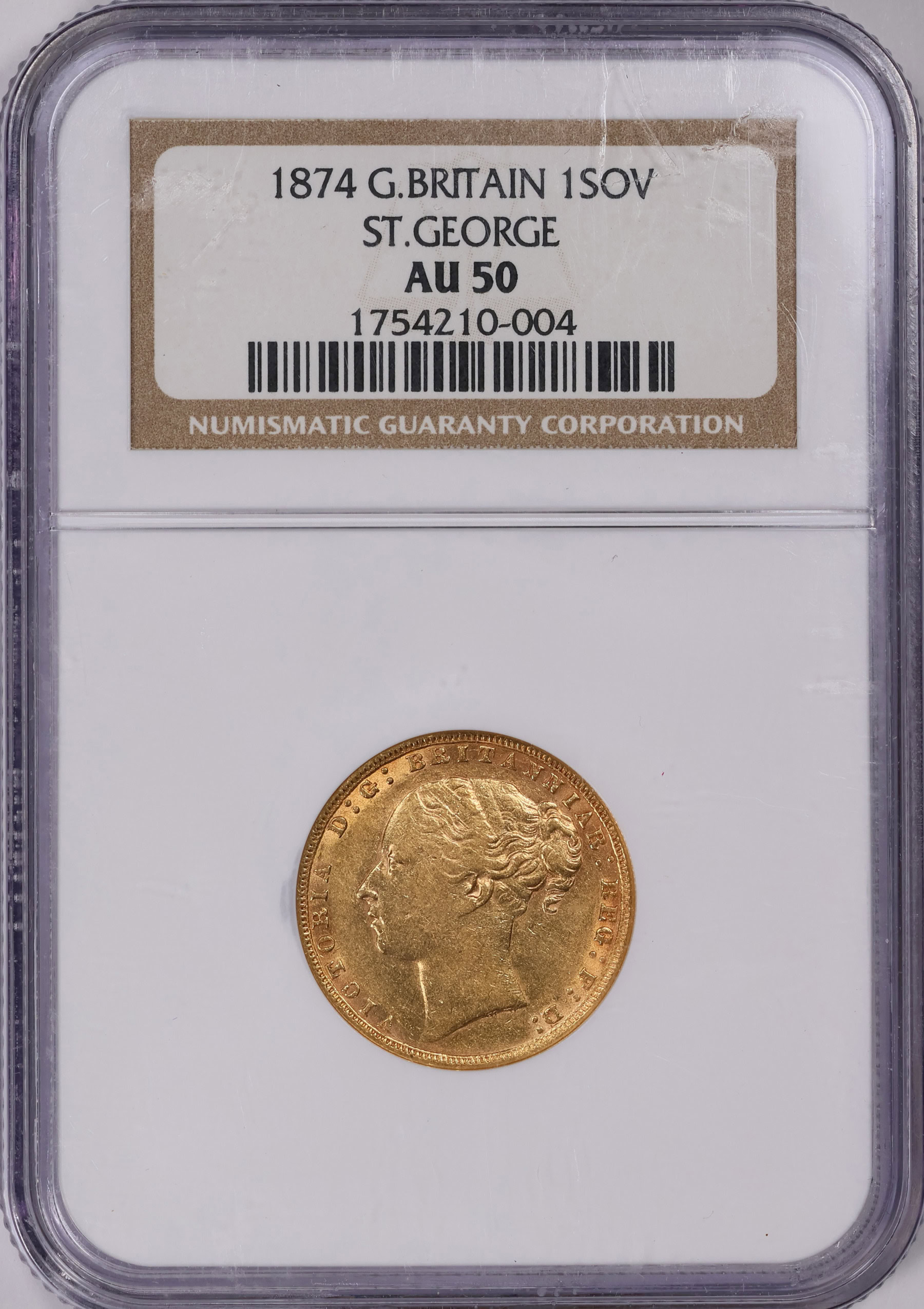Great Britain 1874 Gold Sovereign St. George KM-752 NGC AU-50 (AGW = 0. ...