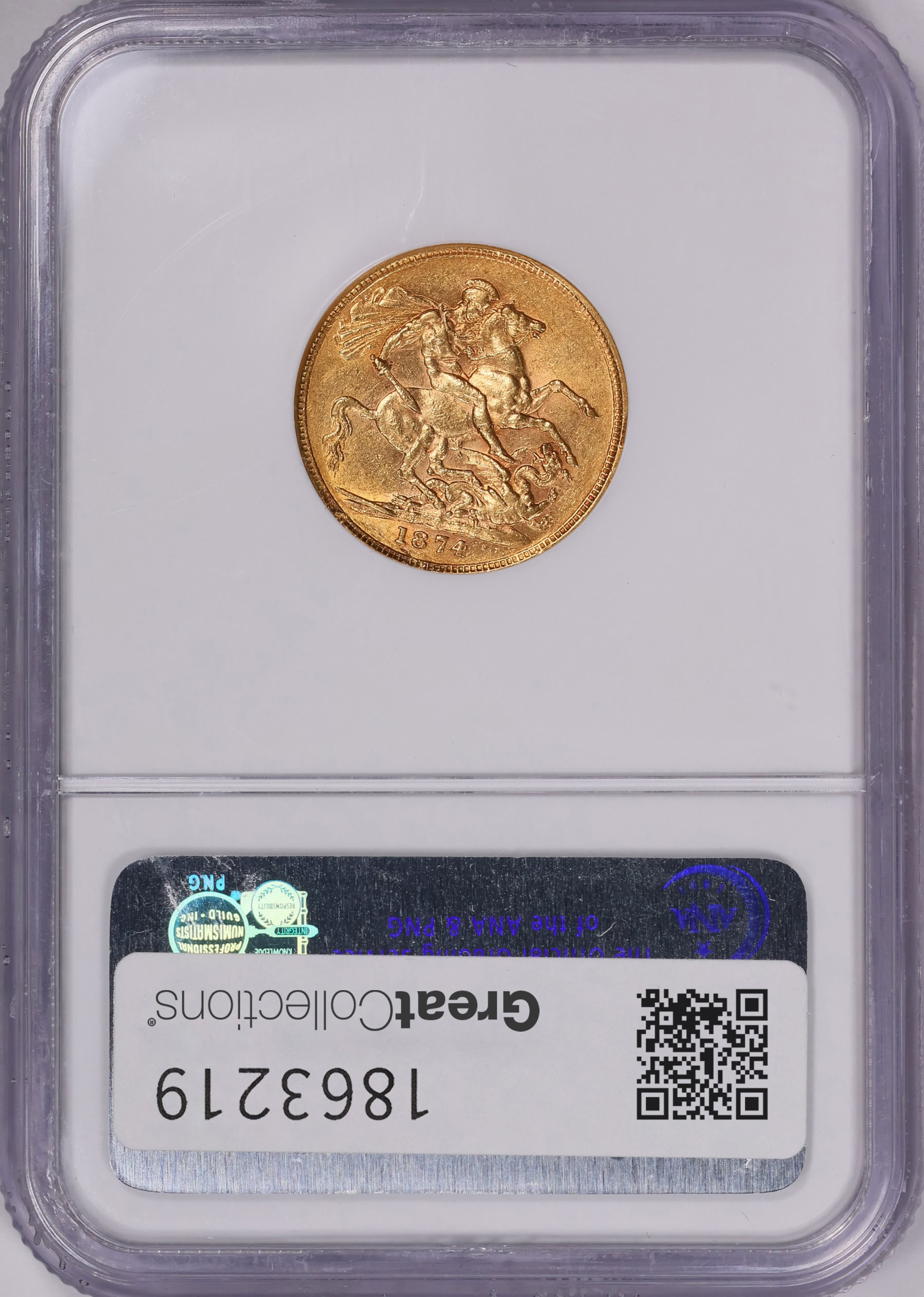 Great Britain 1874 Gold Sovereign St. George KM-752 NGC AU-50 (AGW = 0. ...