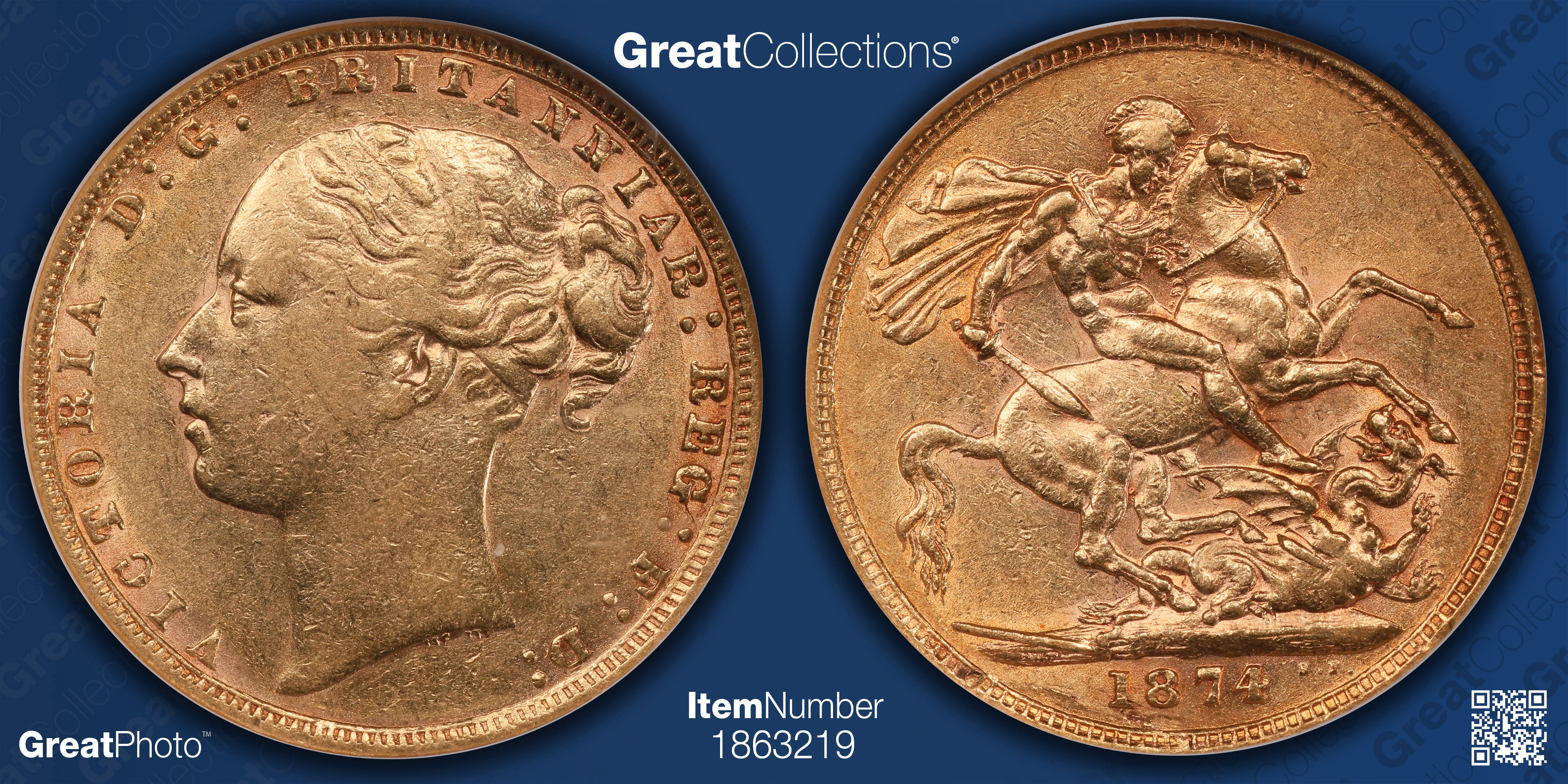 Great Britain 1874 Gold Sovereign St. George KM-752 NGC AU-50 (AGW = 0. ...