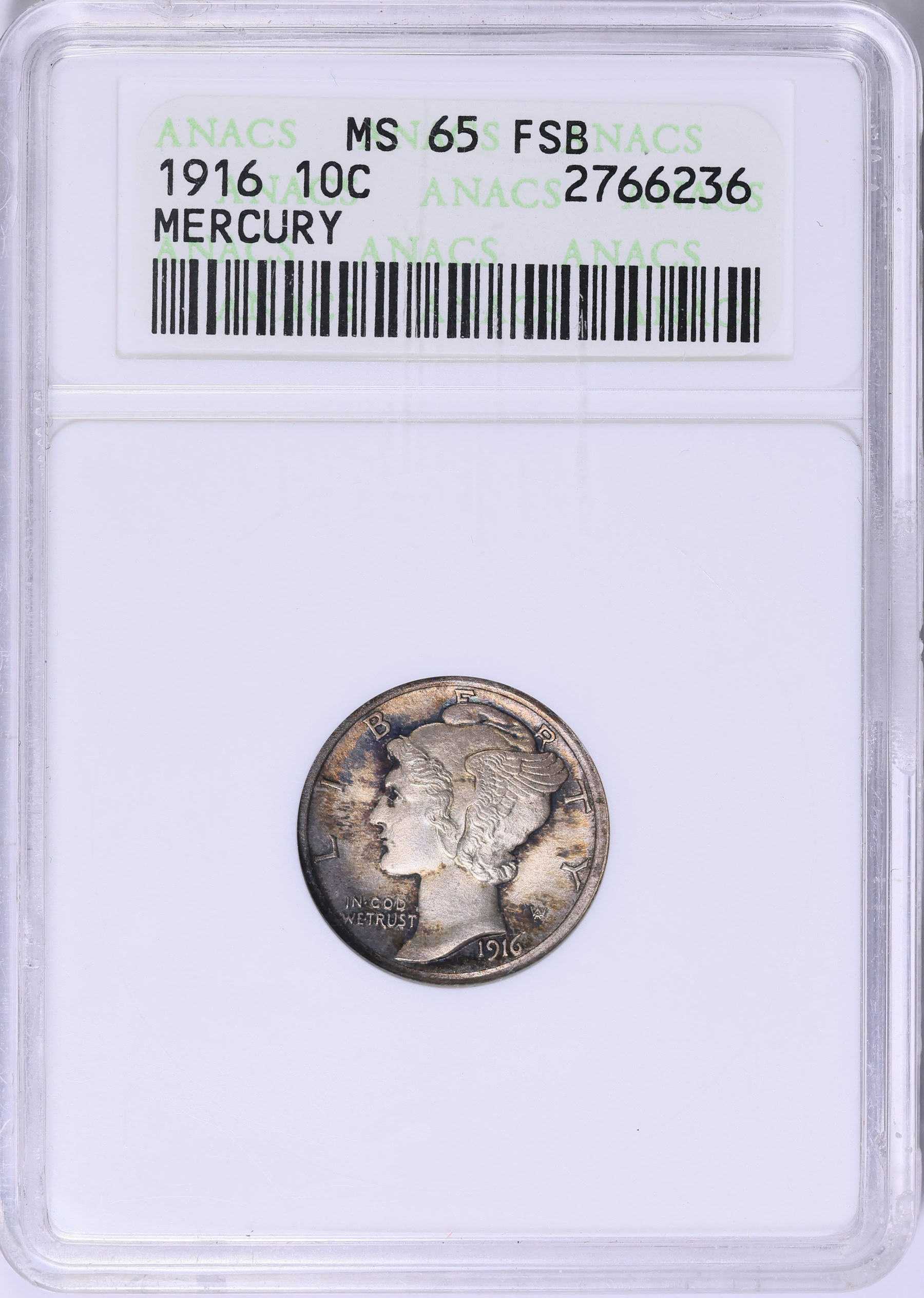 1916 Mercury Dime ANACS MS-65 FB OH (Toned) (Item 1863355) | GreatCollections Coin Auctions