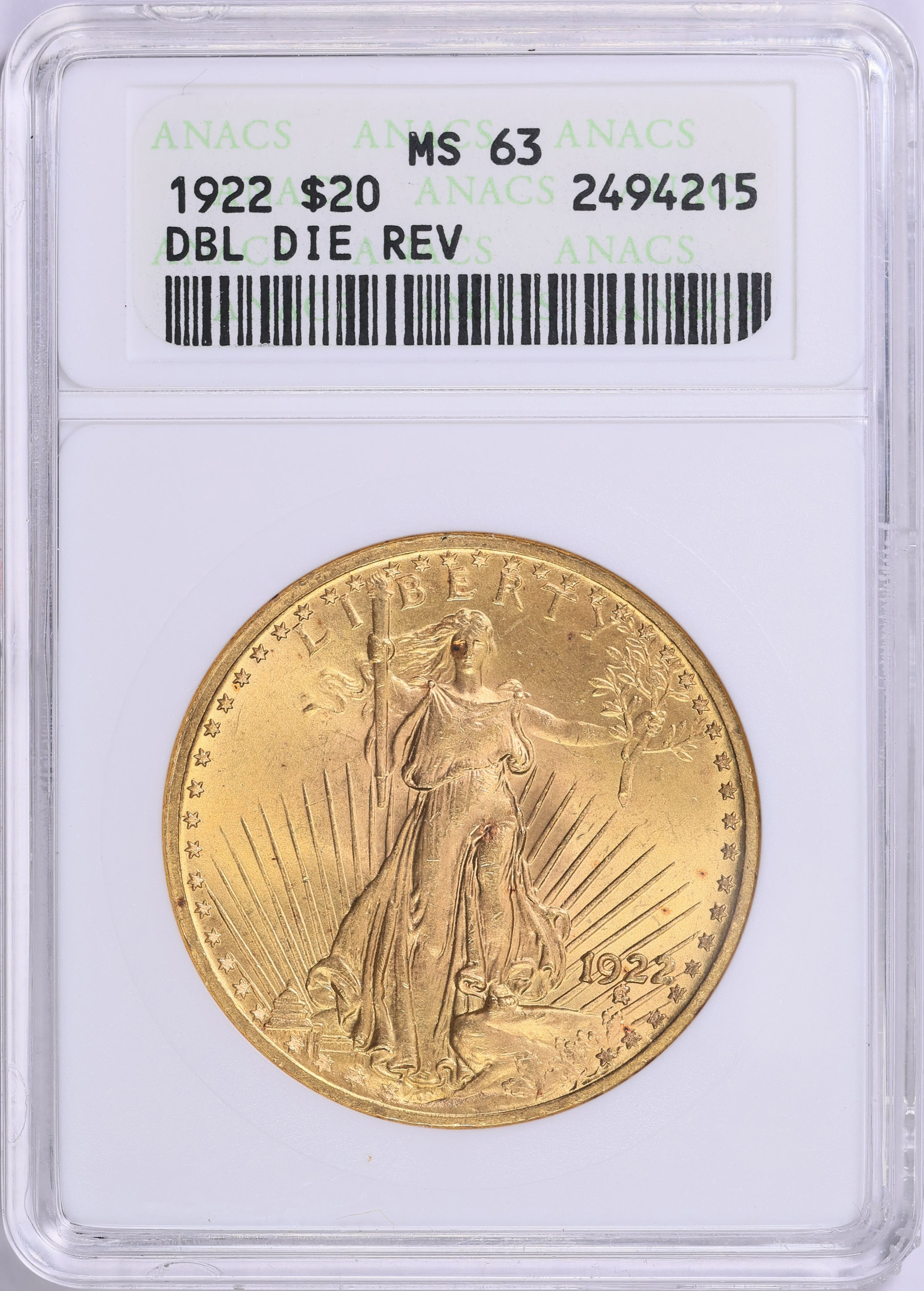 1922 Saint-Gaudens Gold Double Eagle Doubled Die Reverse ANACS MS-63 OH ...