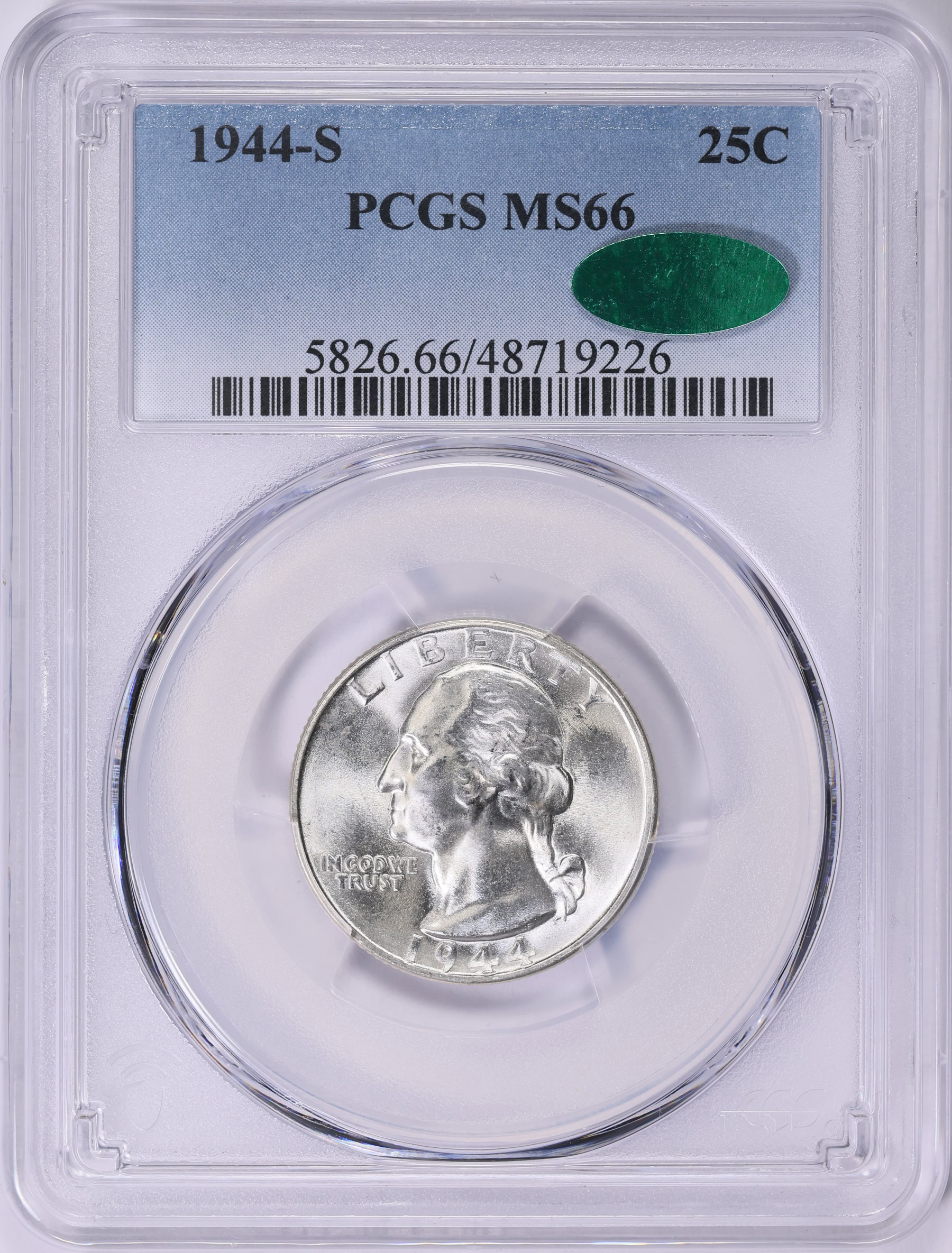 1944-S Washington Quarter PCGS MS-66 (CAC Green) (Item 1863425) | GreatCollections Coin Auctions