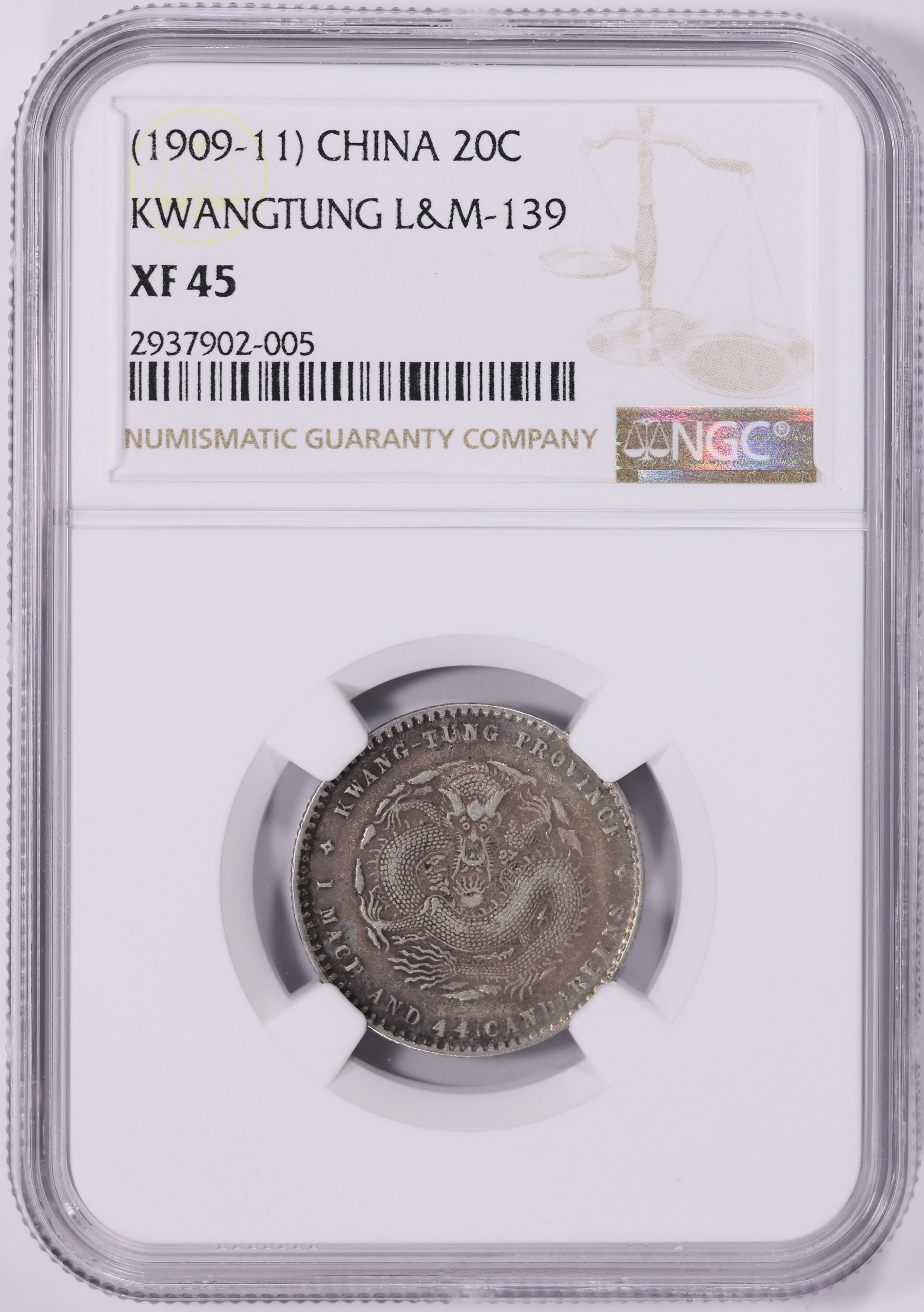 China - Kwangtung Province ND (1909-11) Silver 1 Mace 4.4 Candareens (20 Cents) Y-205 NGC XF-45 ...