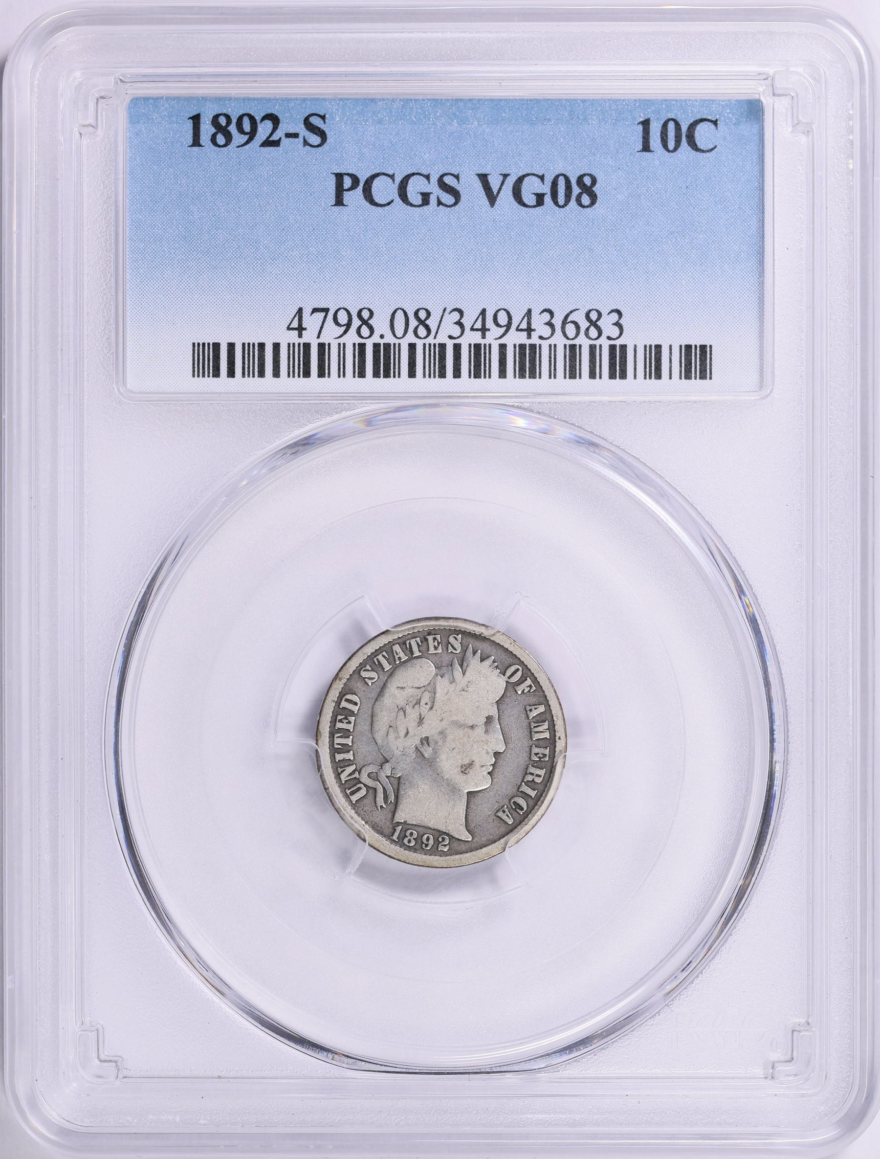 1892-S Barber Dime PCGS VG-08 (Item 1863635) | GreatCollections Coin Auctions