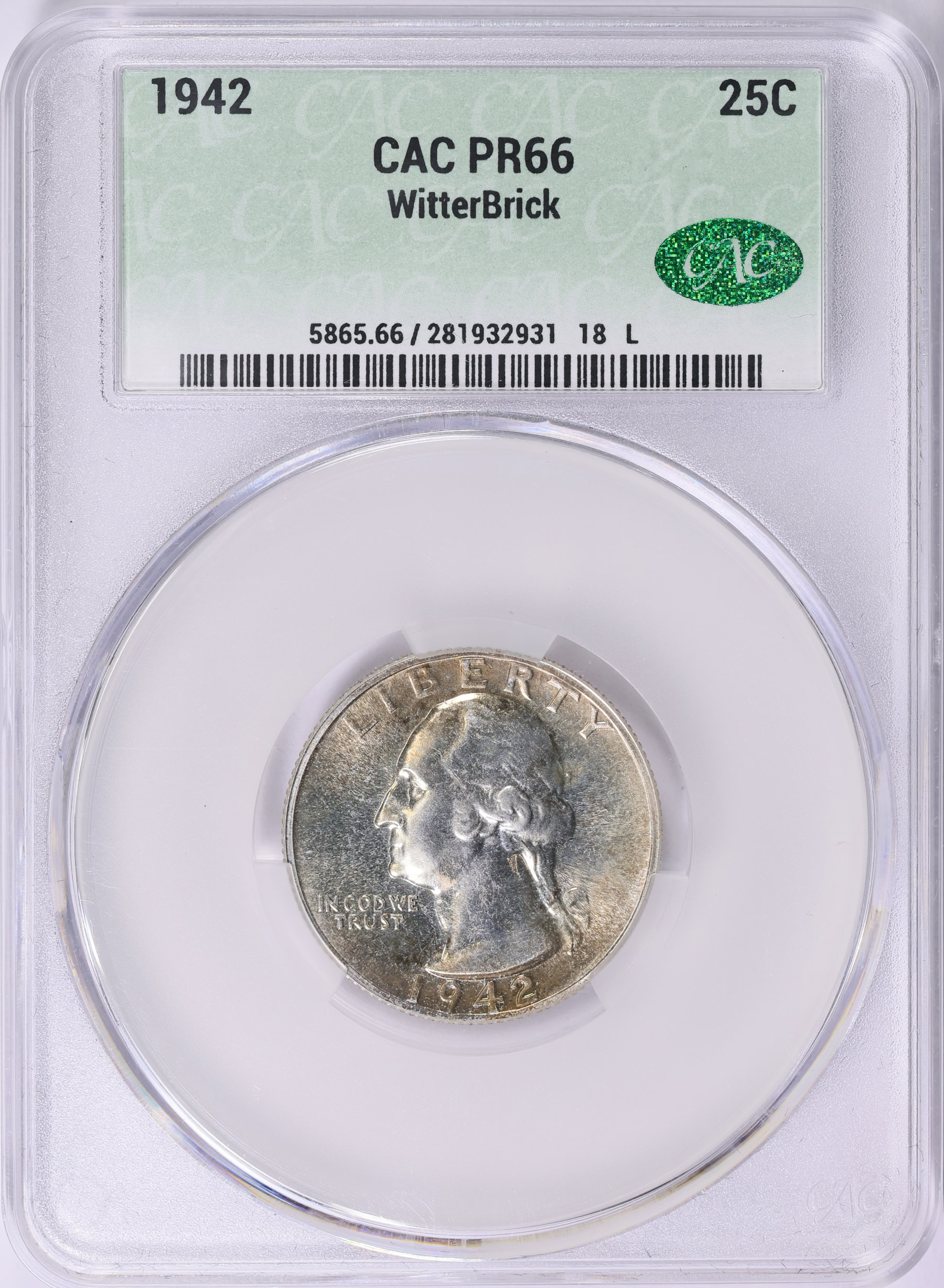 1942 Washington Quarter CACG Proof-66 (WitterBrick, Signed Seth Chandler) (Toned) (Item 1863650 ...