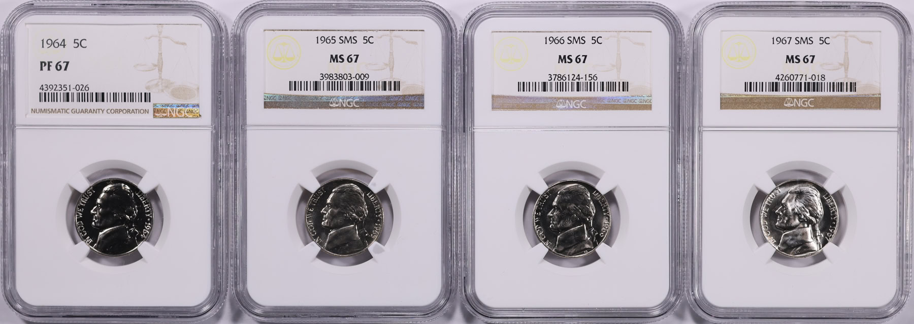 1964, 1965, 1966 and 1967 Jefferson Nickel NGC Proof-67/MS-67 (4 Coins ...