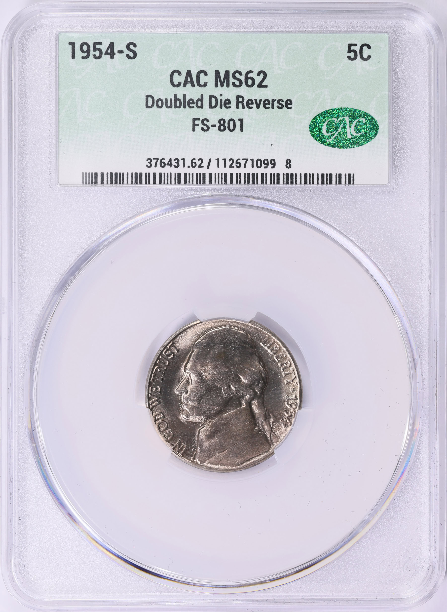 1954-S Jefferson Nickel Doubled Die Reverse FS-801 CACG MS-62 (Item 1864329) | GreatCollections ...