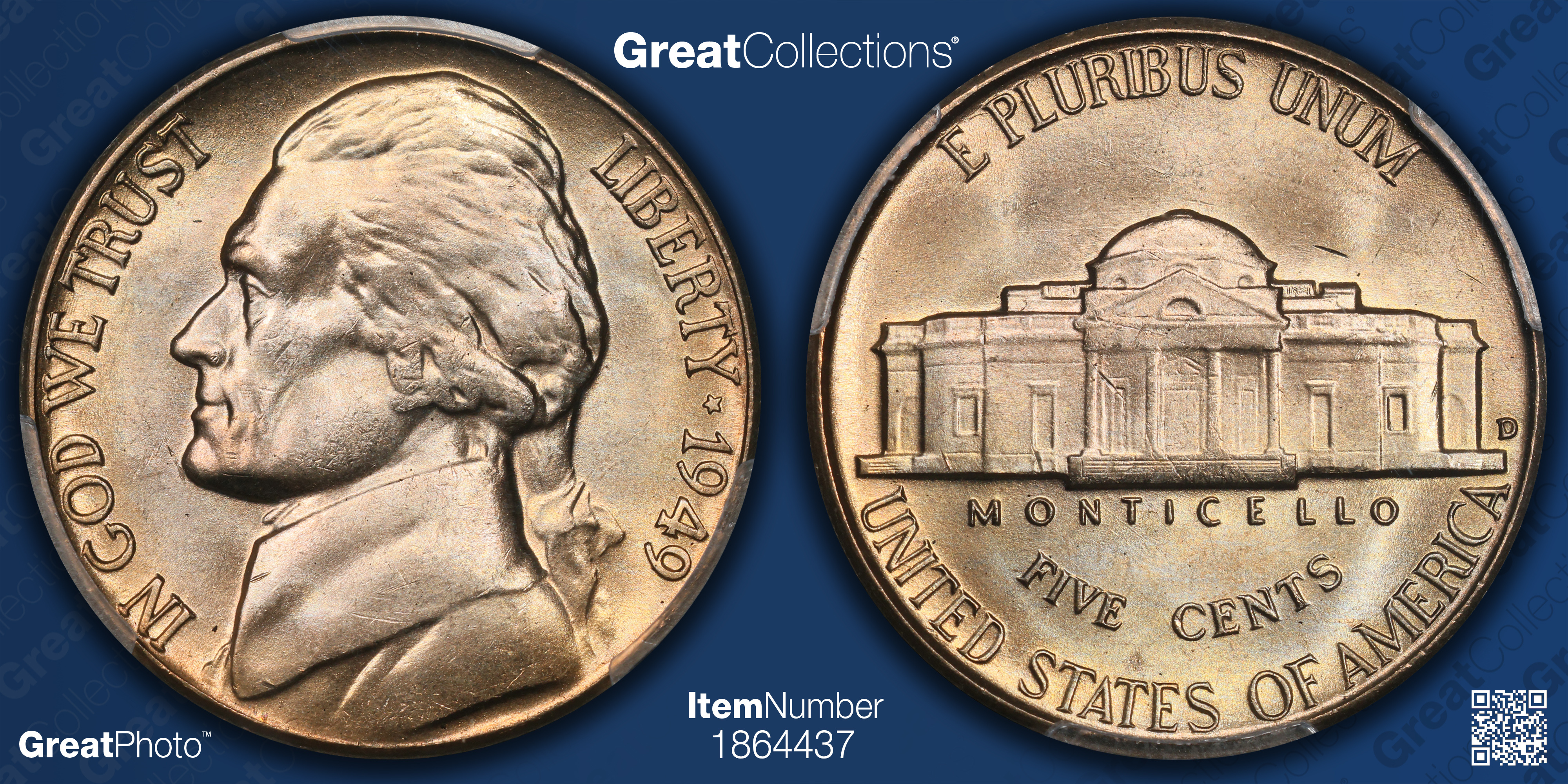 1949-D Jefferson Nickel PCGS MS-65 (Item 1864437) | GreatCollections ...