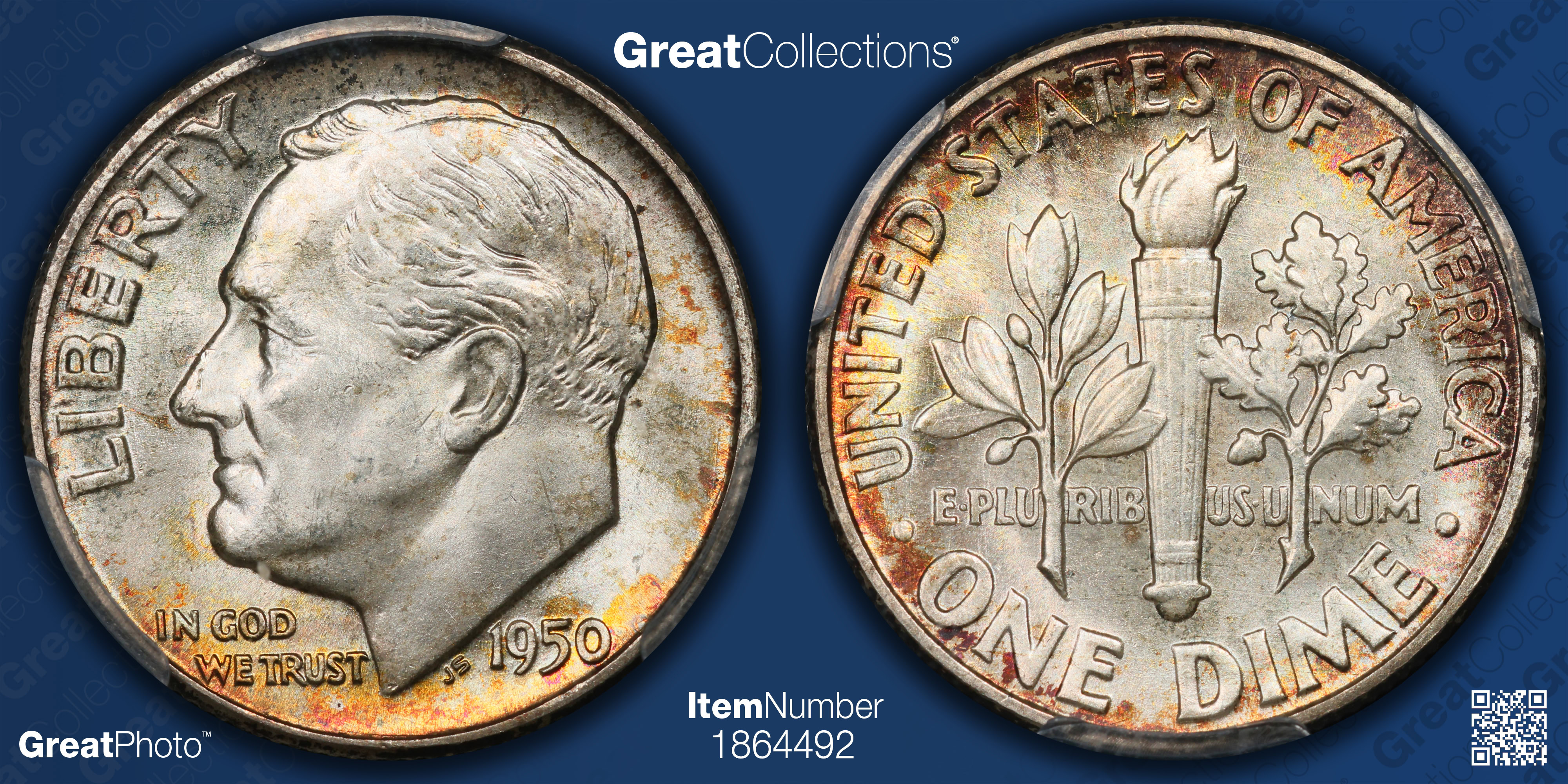 1950 Roosevelt Dime PCGS MS-65 FB (Toned) (Item 1864492 ...