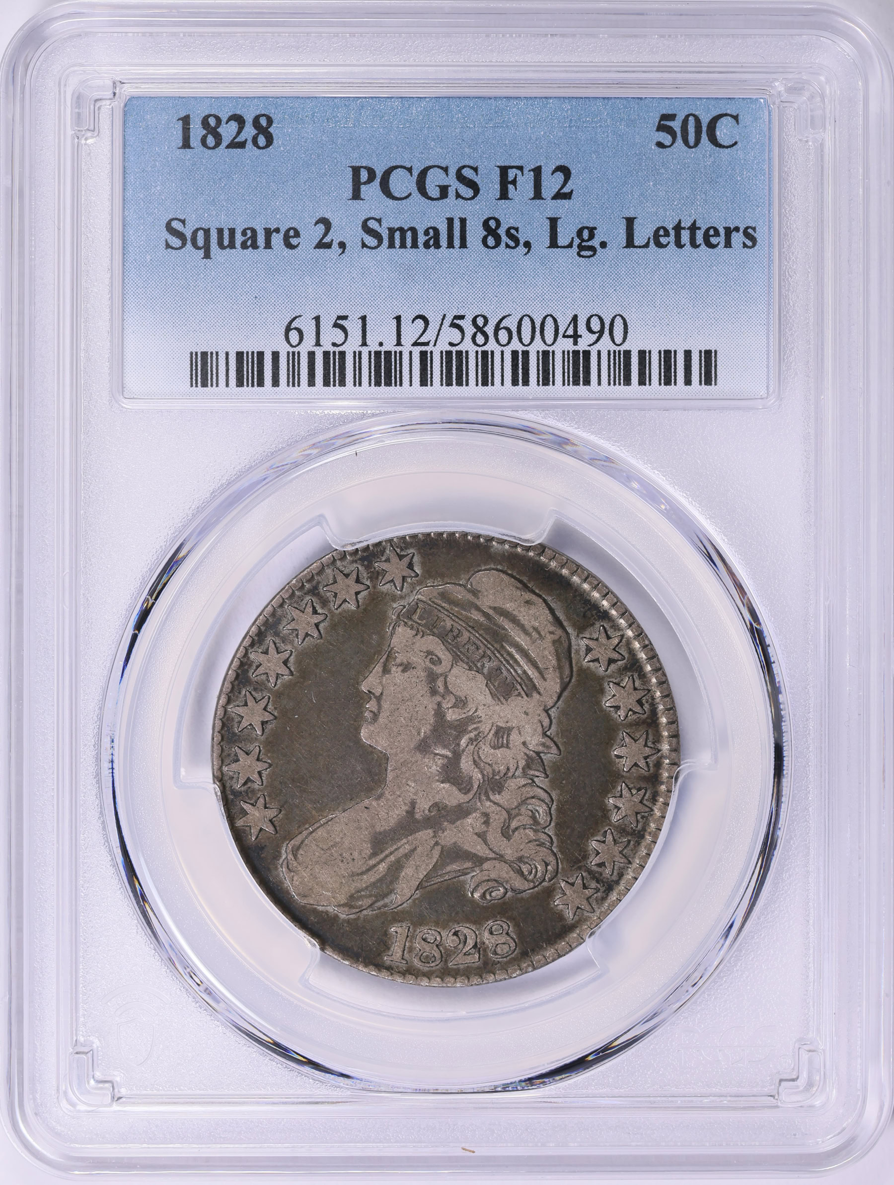 1828 Capped Bust Half Dollar Square Base 2, Small 8s, Large Letters PCGS F-12 (Item 1864668 ...