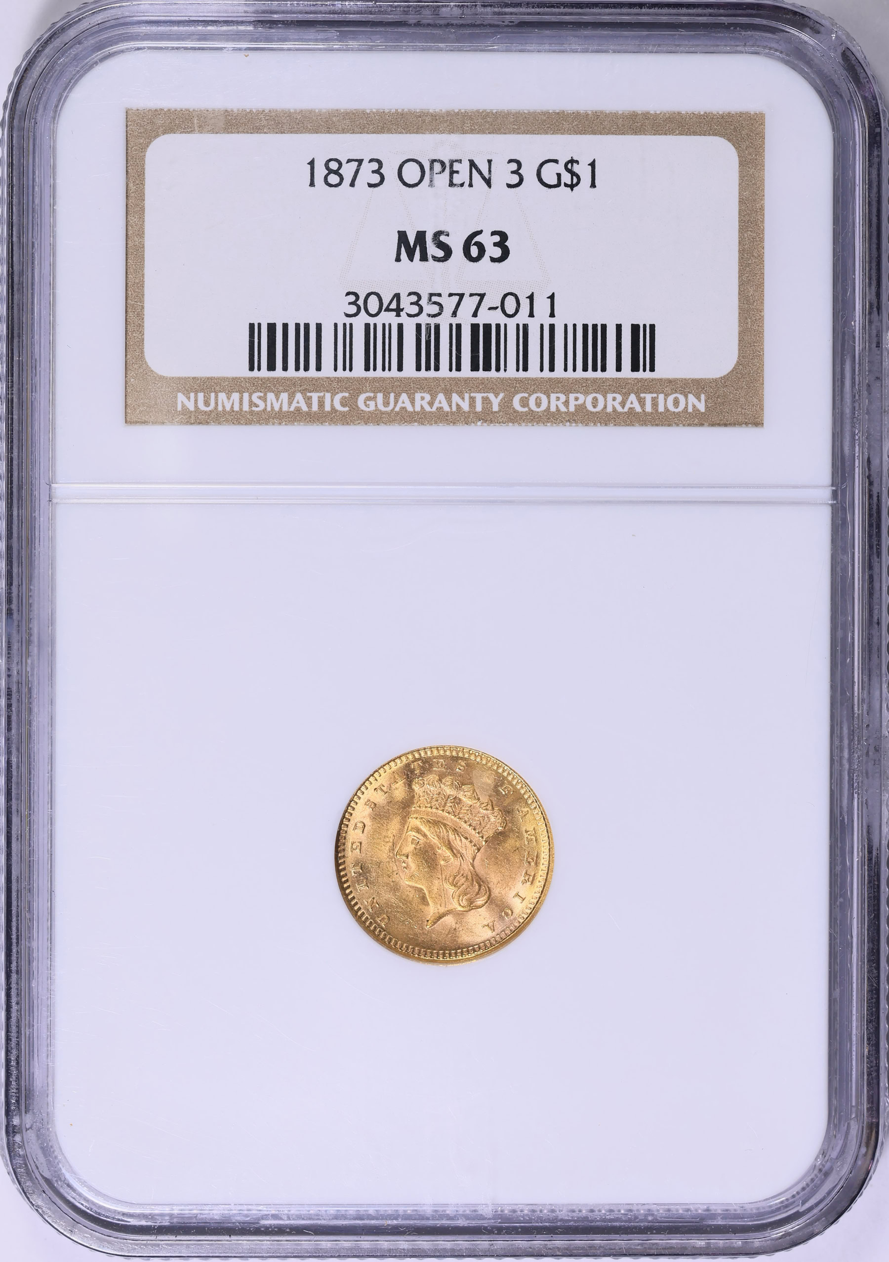 1873 Indian Princess Gold Dollar Open 3 NGC MS-63 (Item 1864753) | GreatCollections Coin Auctions