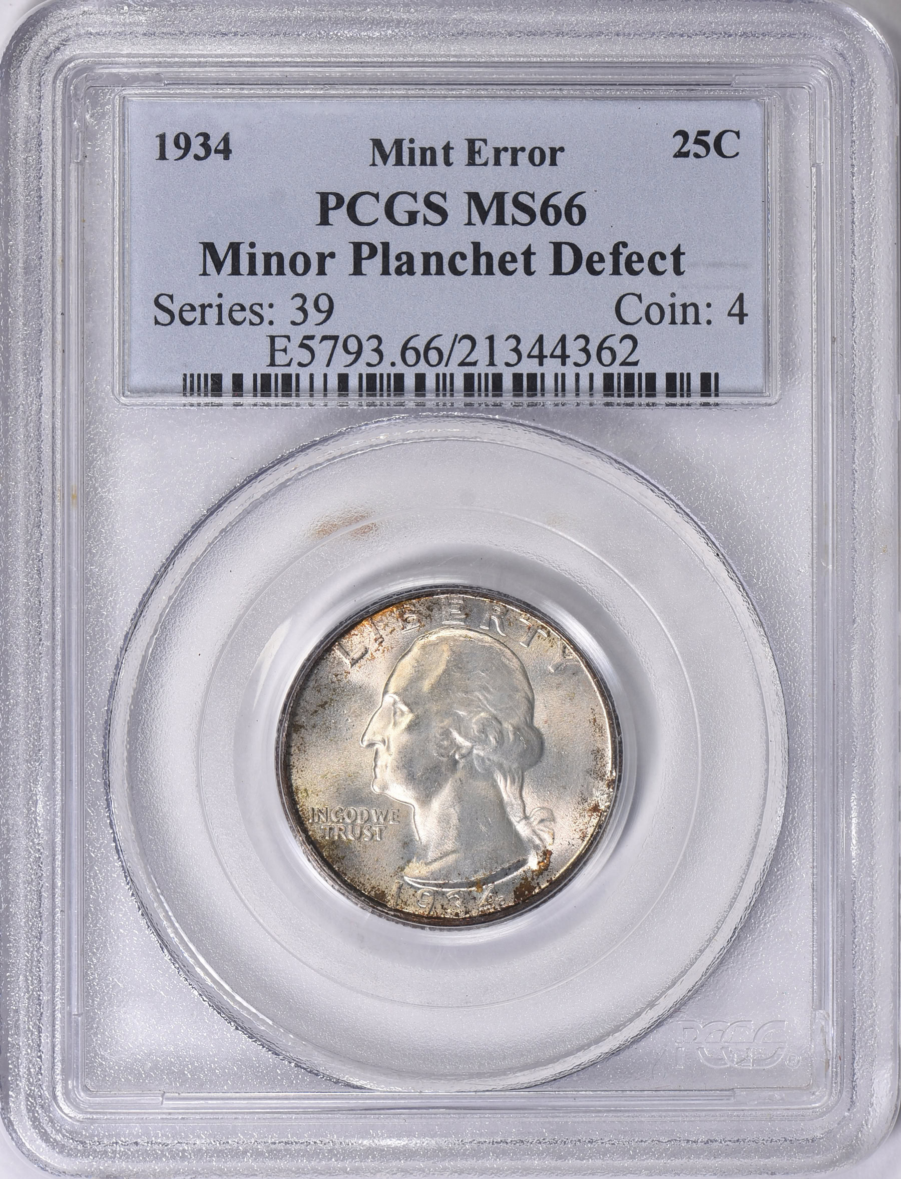 Mint Error 1934 Washington Quarter Minor Planchet Defect PCGS MS-66 ...