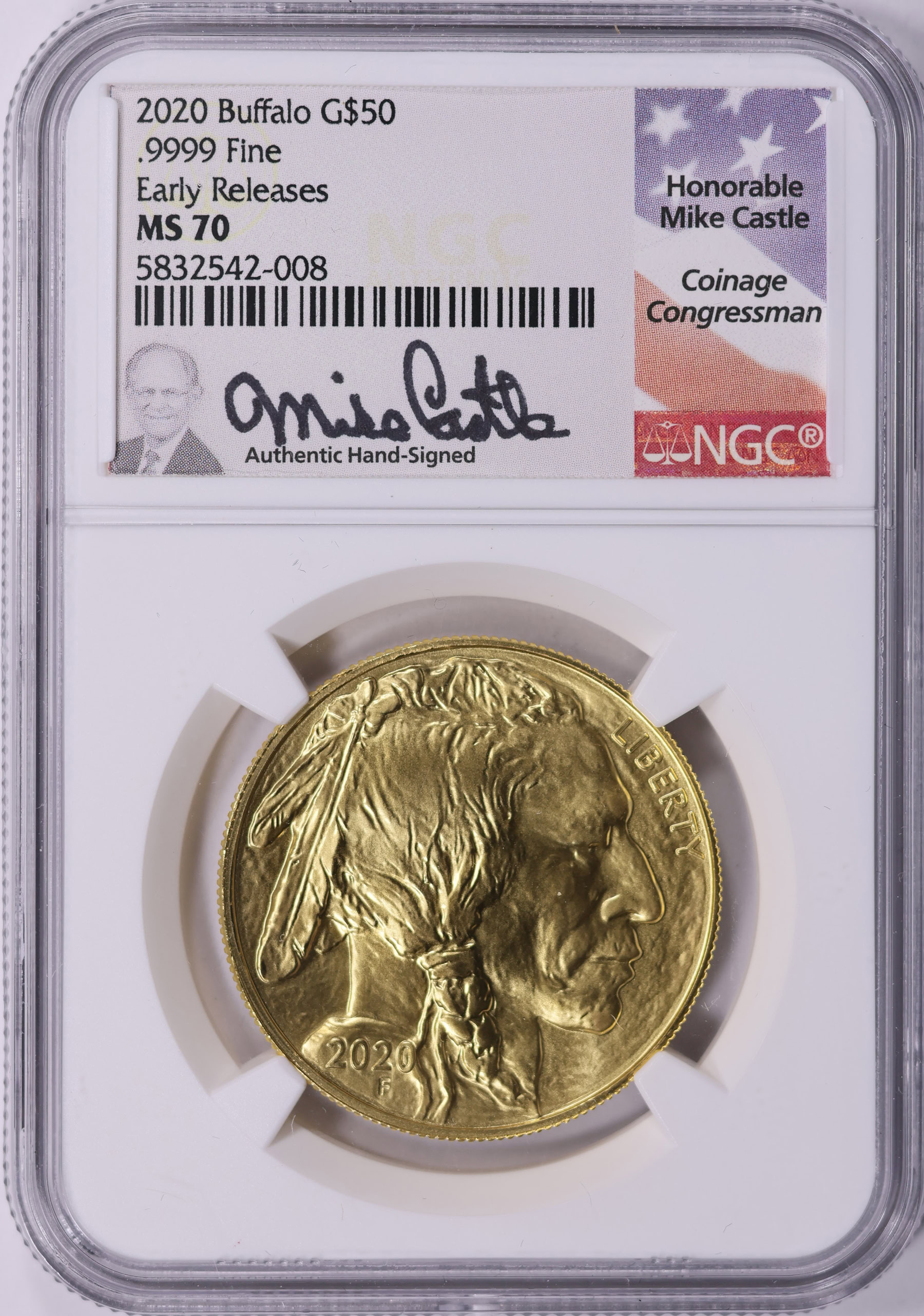 2020 $50 One-Ounce Gold American Buffalo Early Releases NGC MS-70 (Mike Castle Signed Label ...