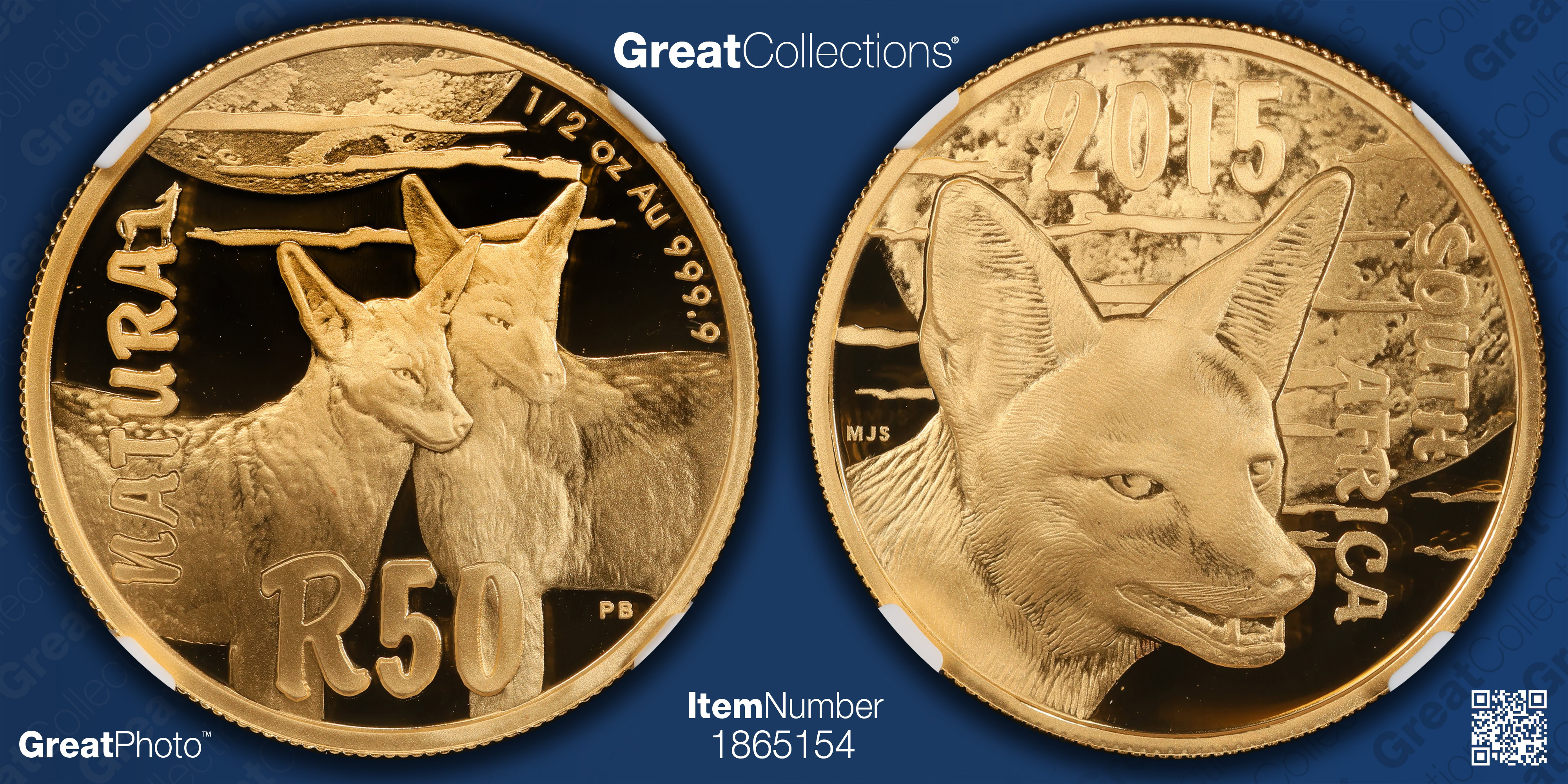 South Africa 2015 Gold 50 Rand Natura - Jackal NGC Proof-70 UC (AGW = 0 ...
