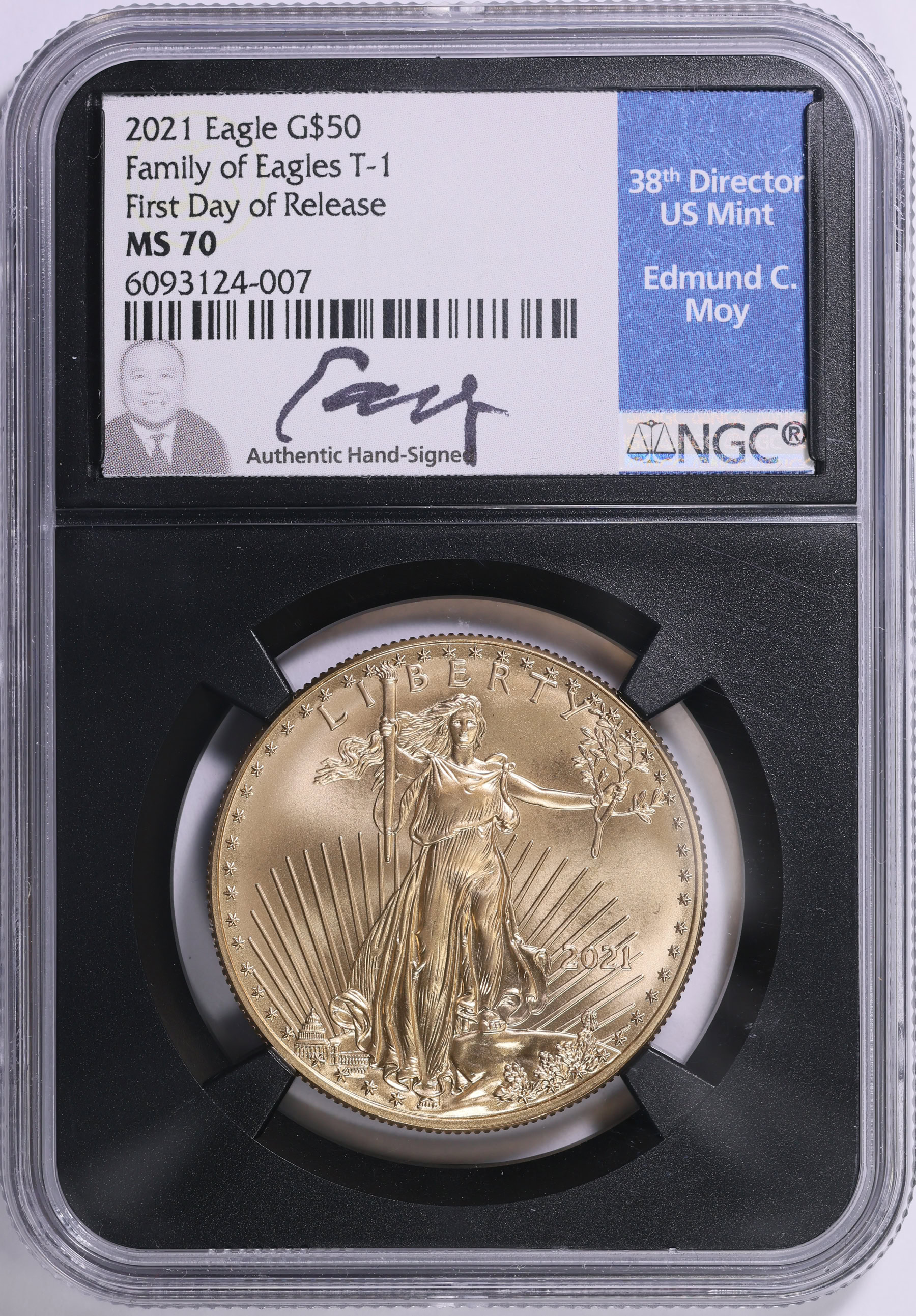 2021 $50 One-Ounce Gold American Eagle Type 1 First Day of Release NGC MS-70 (Moy Signed Label ...