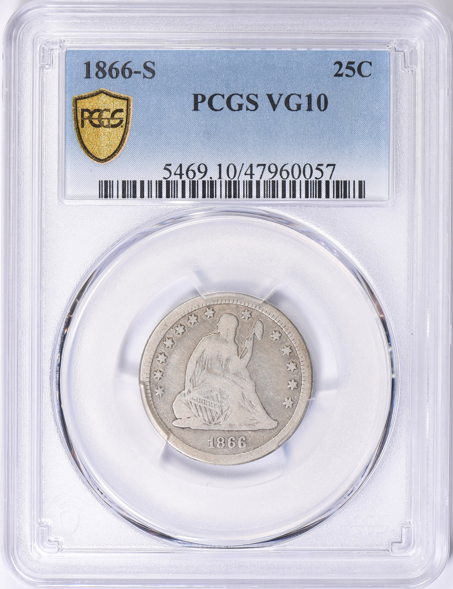 1866-S Seated Liberty Quarter PCGS VG-10 (Item 1865890) | GreatCollections Coin Auctions