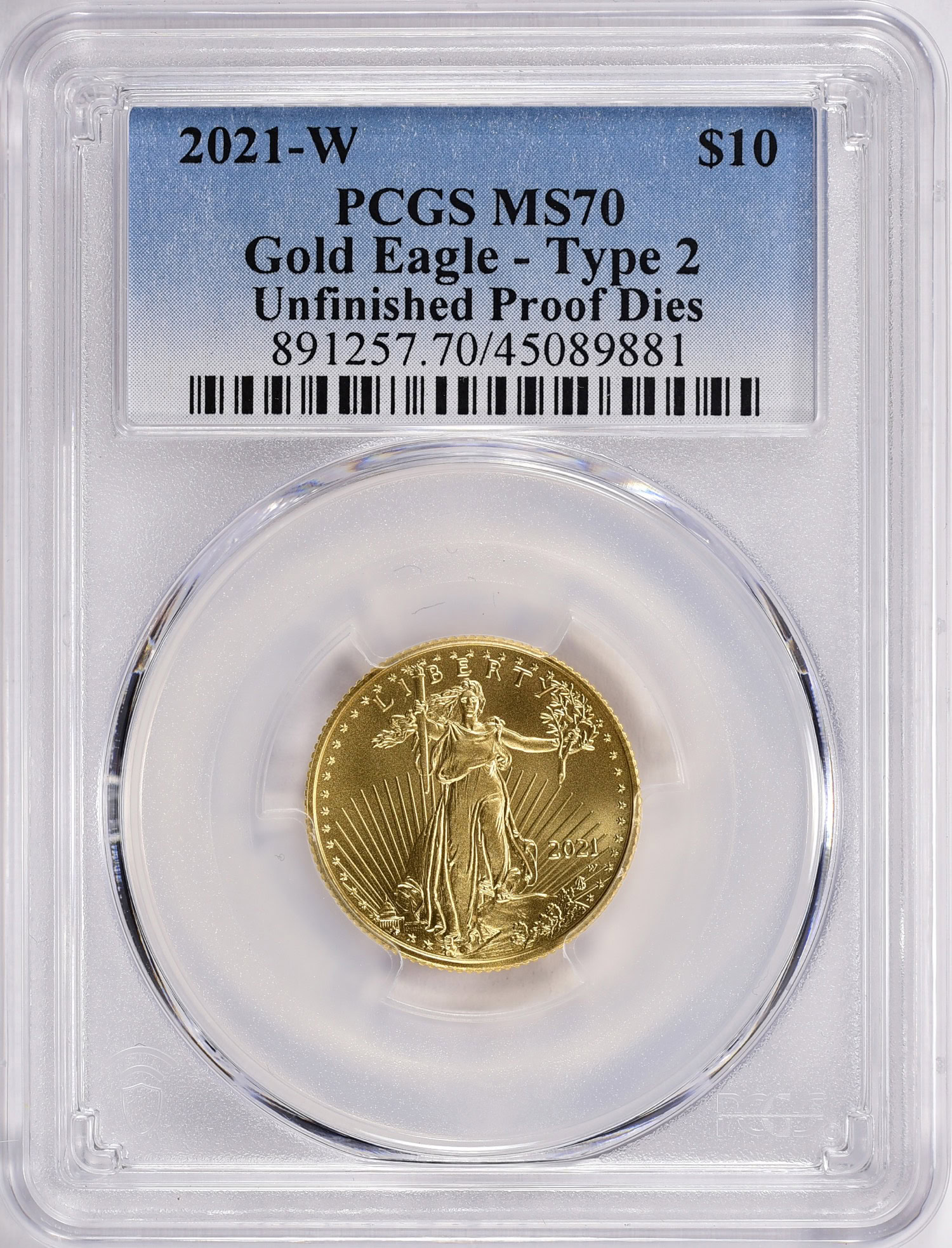 2021-W $10 Quarter-Ounce Gold American Eagle Type 2 Unfinished Proof Dies PCGS MS-70 (Item ...