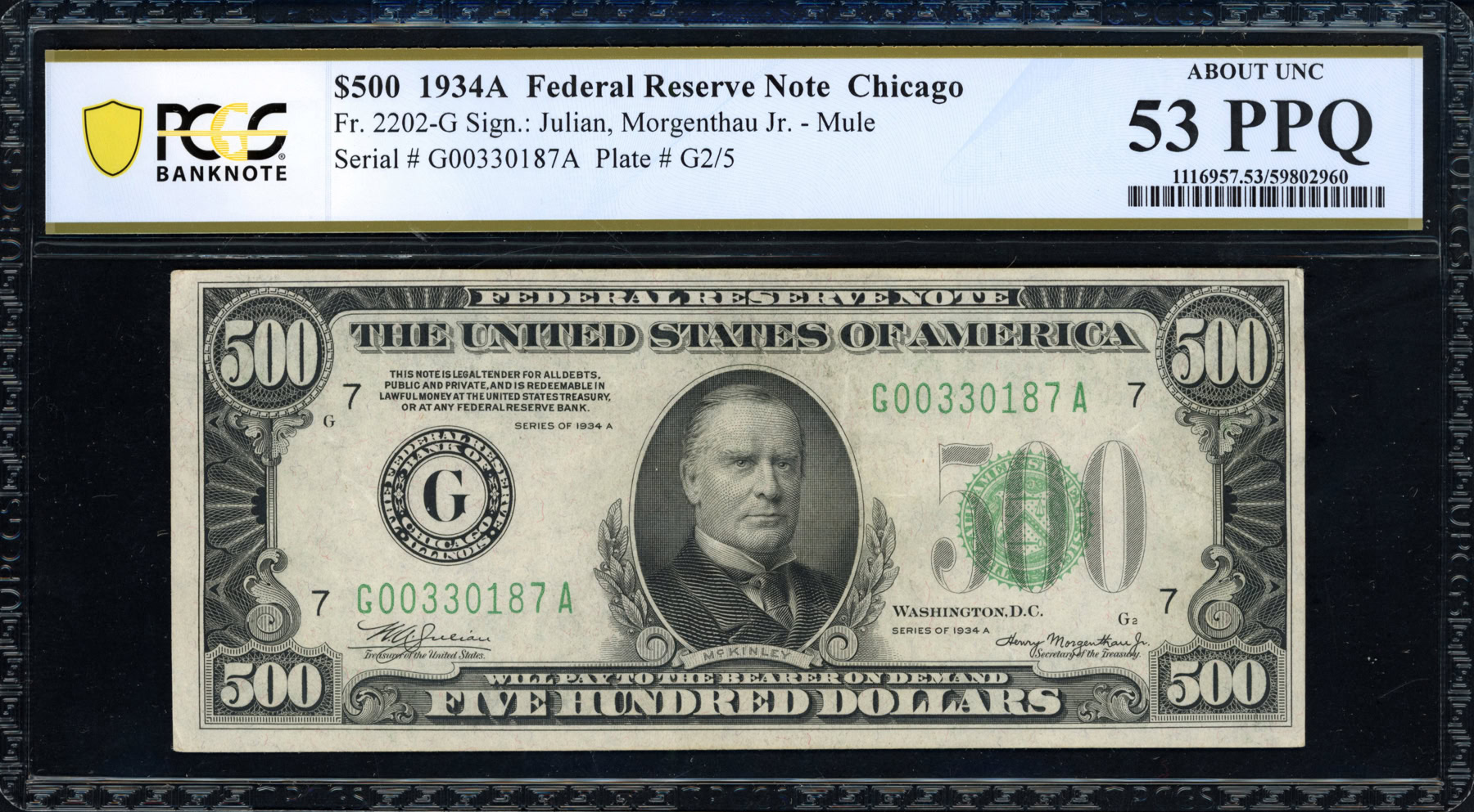 Fr. 2202-G (GA Block) 1934A $500 Chicago Federal Reserve Note Julian ...