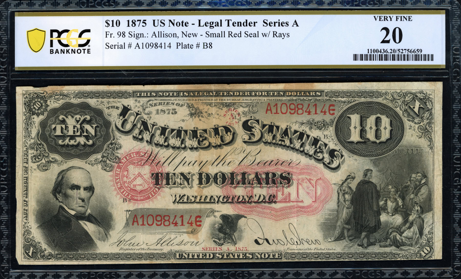 Fr. 98 1875 $10 Legal Tender Note Allison / New PCGS Banknote Very Fine ...