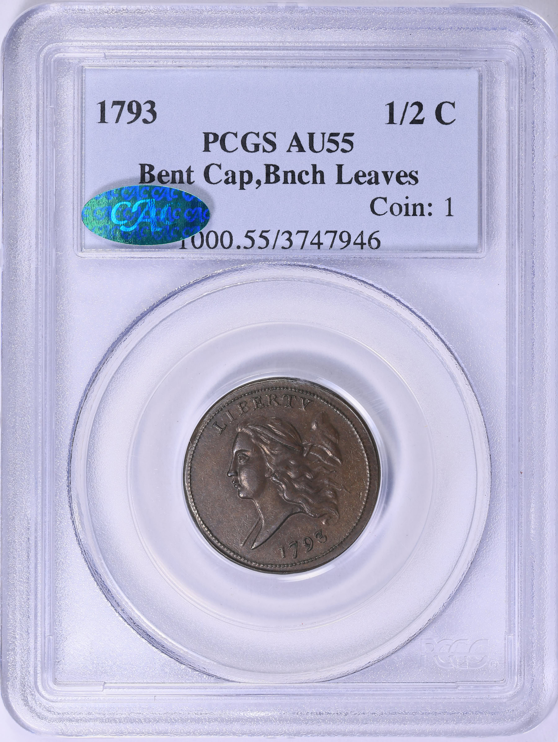 1793 Liberty Cap Half Cent Bent Cap, Bunch Leaves PCGS AU-55 BN (CAC Green) (Item 1866597 ...