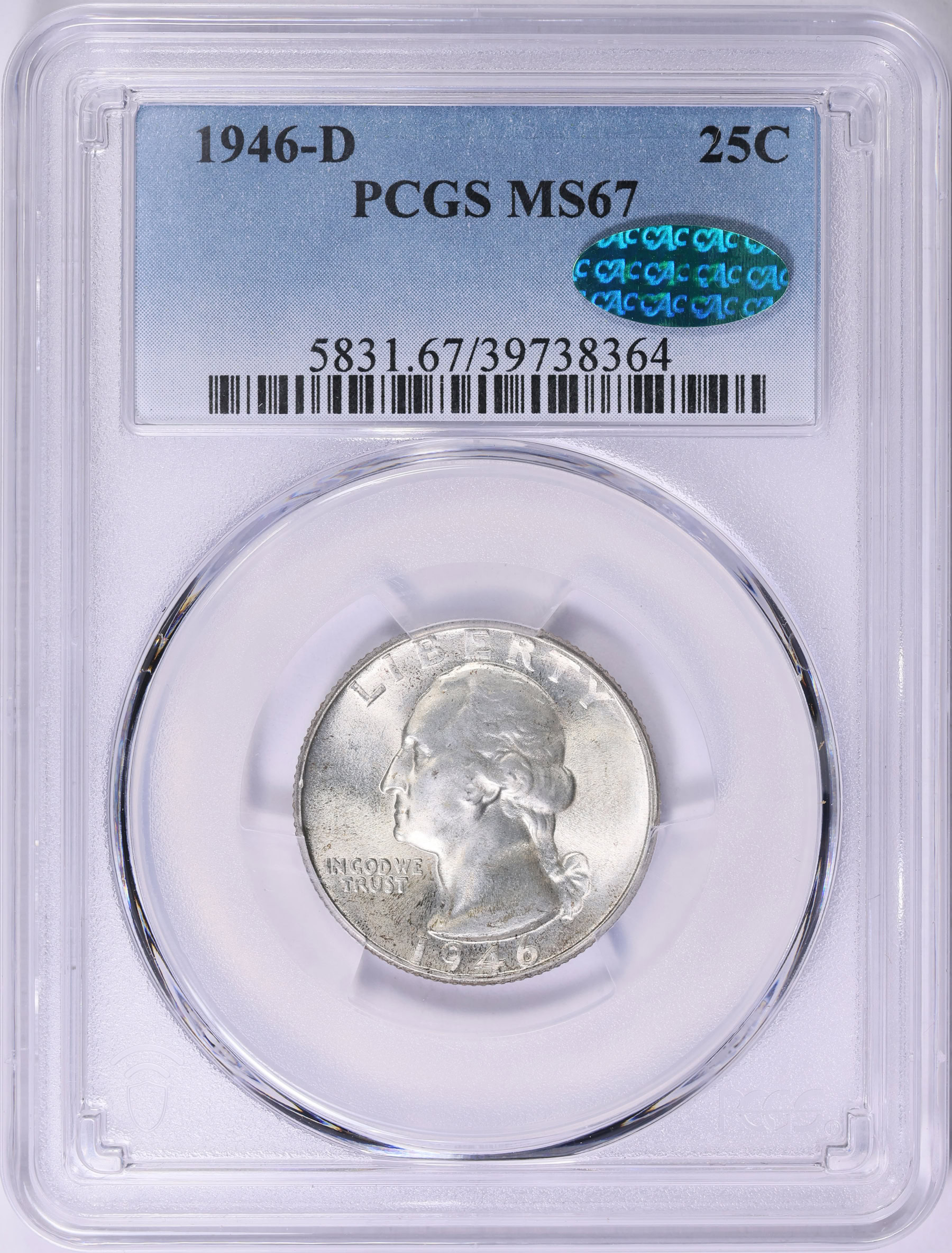 1946-D Washington Quarter PCGS MS-67 (CAC Green) (Item 1866606) | GreatCollections Coin Auctions