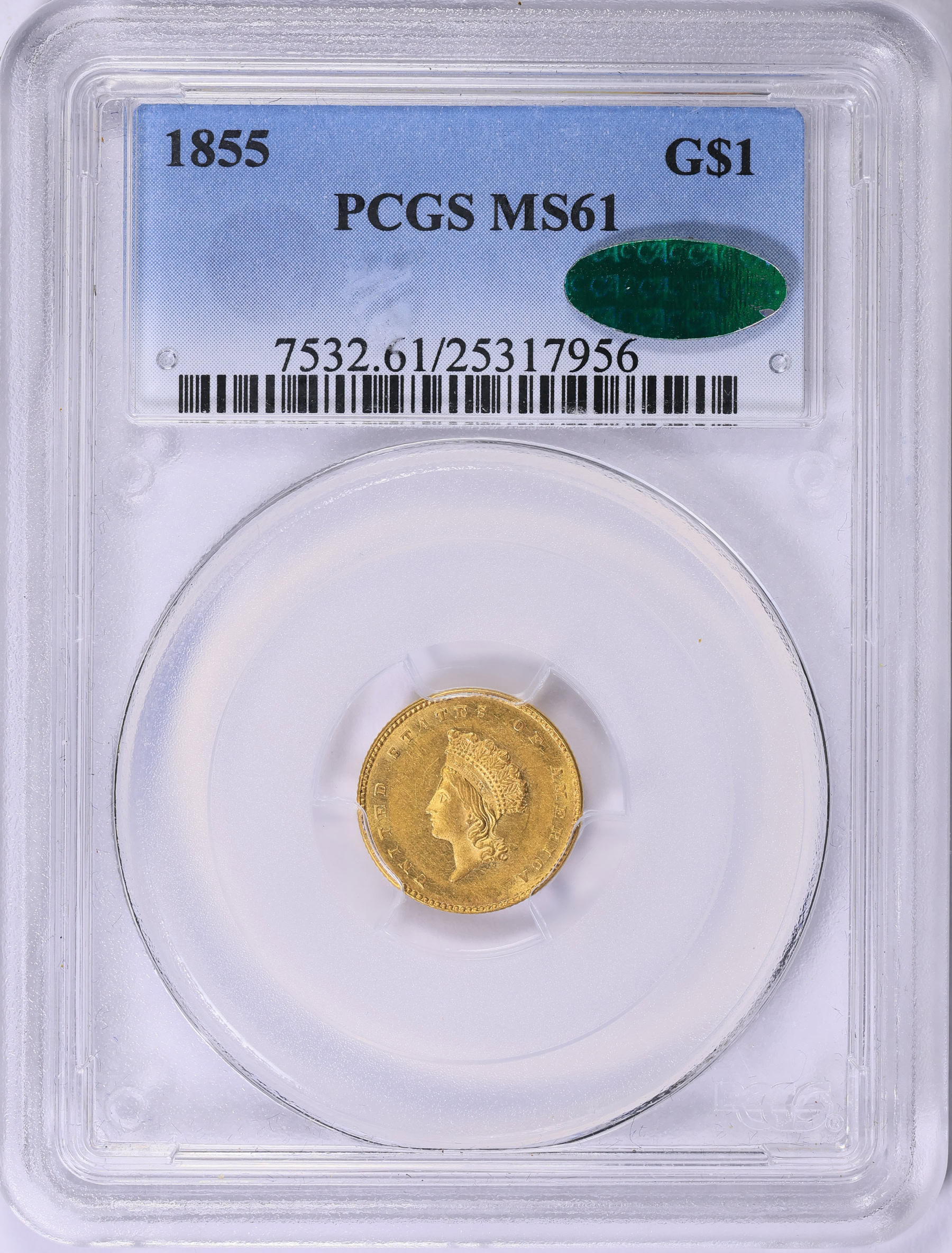 1855 Indian Princess Gold Dollar PCGS MS-61 (CAC Green) (Item 1866609) | GreatCollections Coin ...