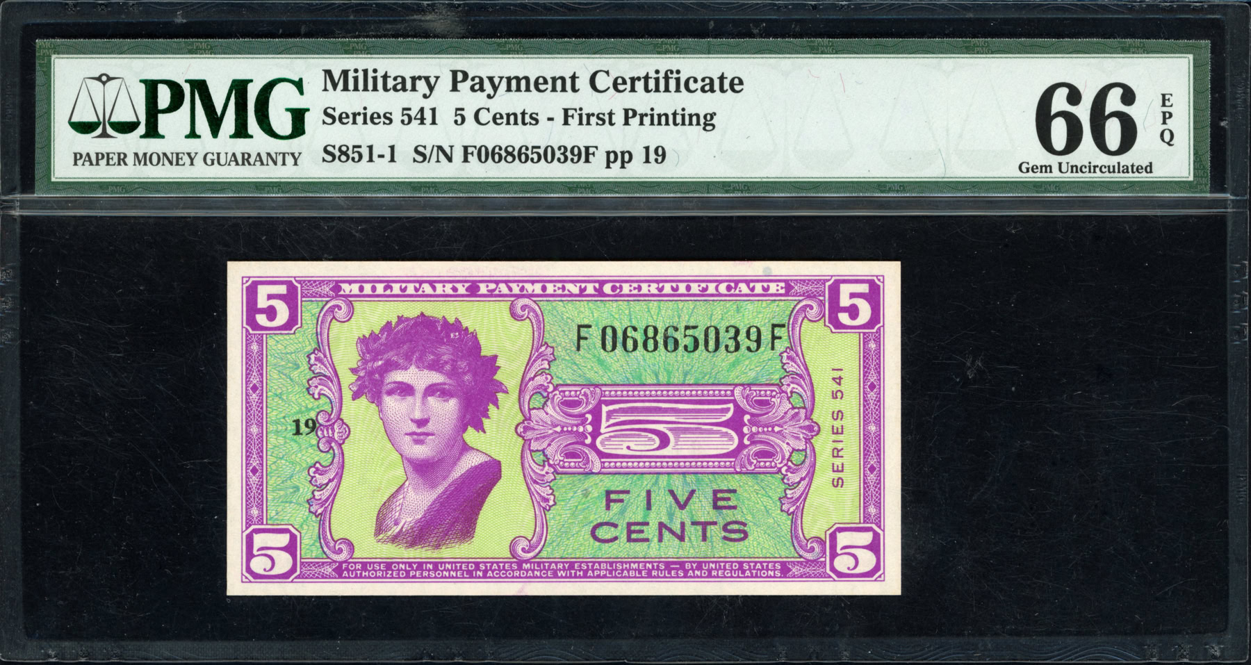 Series 541 5 Cents Military Payment Certificate Note First Printing PMG ...